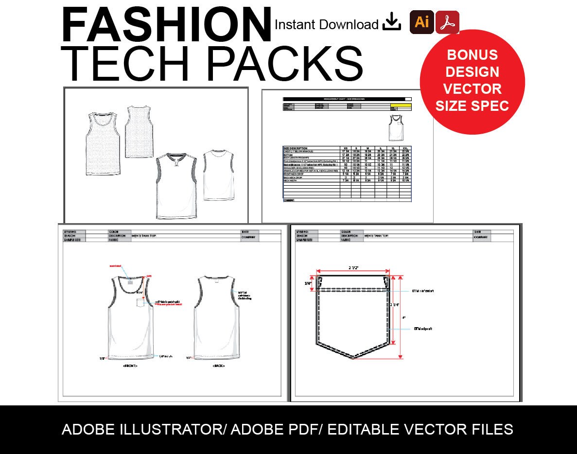 Fashion Adobe Illustrator Tech Pack Template With Size Spec AI.PDF/ Men ...