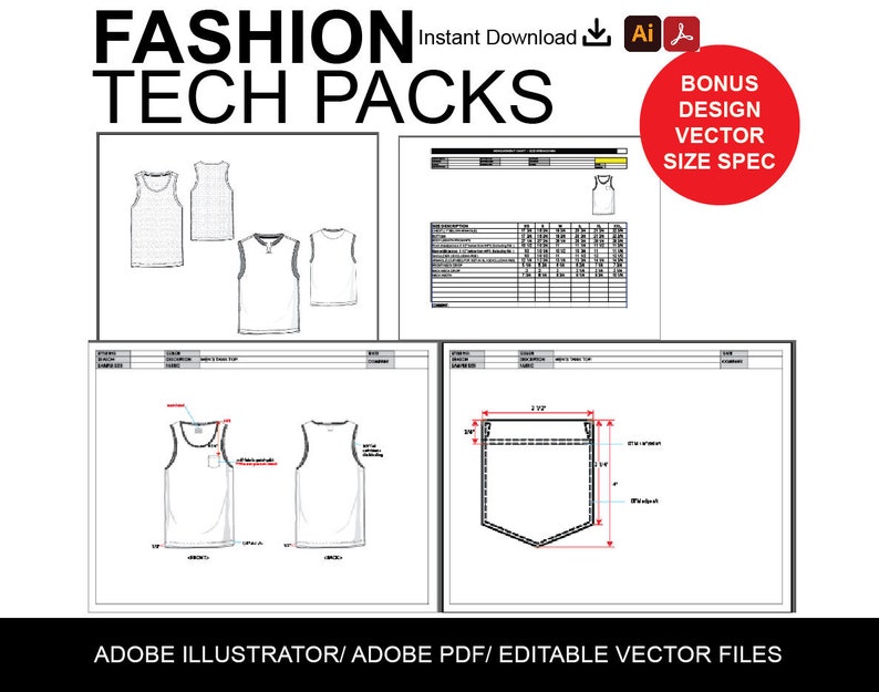 Fashion Adobe Illustrator Tech Pack Template With Size Spec AI.PDF/ Men ...