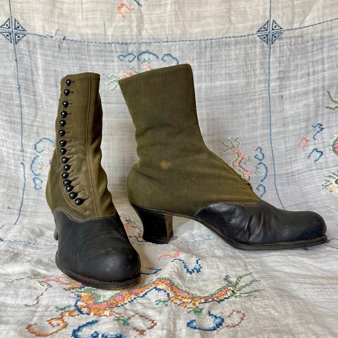 Antique 1900s Victorian Button Boots. 2 Tone, Fabric and Leather With ...