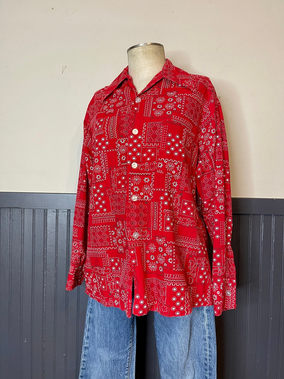 Vintage 60s 70s Don Loper by Duke of Hollywood Red Bandanna Print Rayon ...