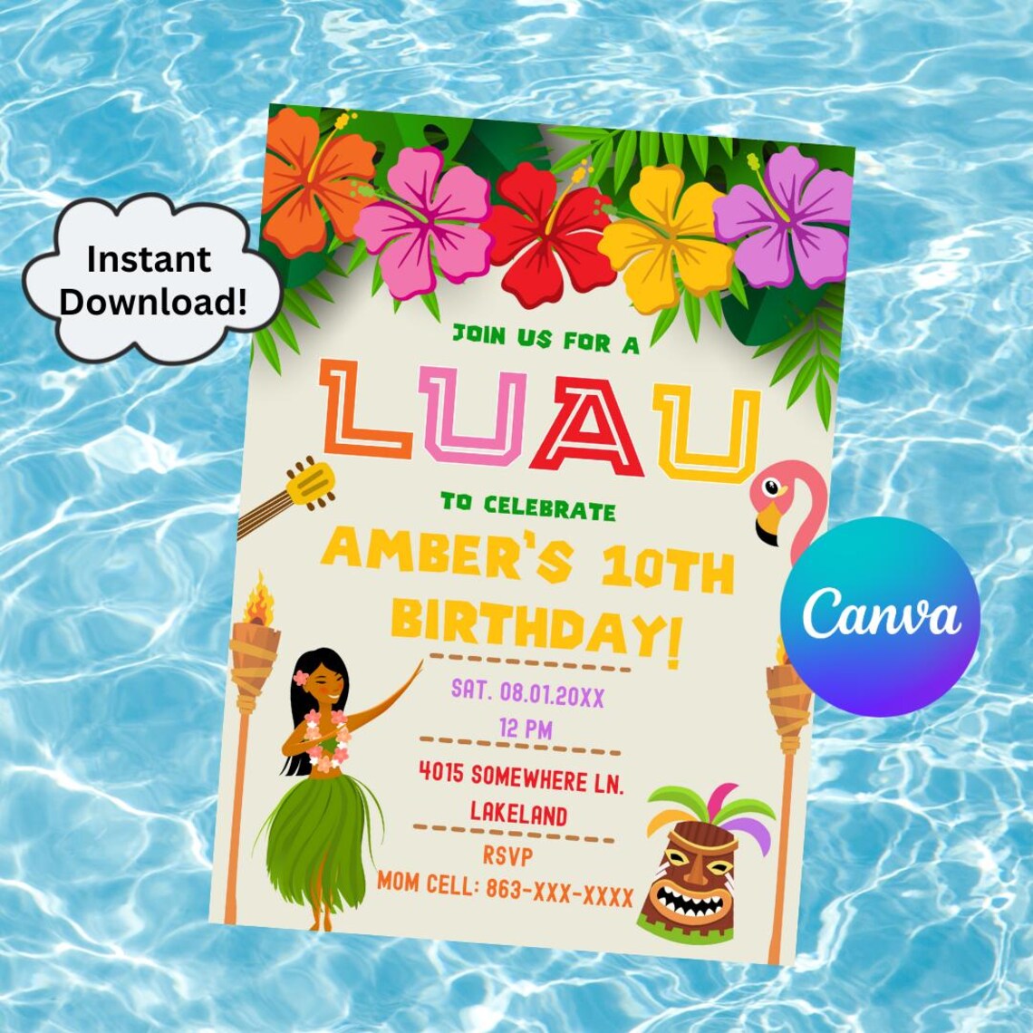 Editable Luau Party Invitation I Hawaiian Birthday I Pool Party Invite ...