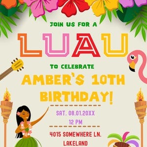 Editable Luau Party Invitation I Hawaiian Birthday I Pool Party Invite ...