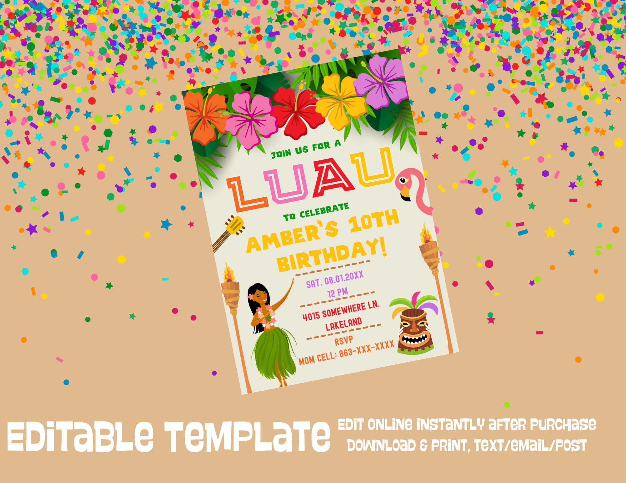 Editable Luau Party Invitation I Hawaiian Birthday I Pool Party Invite ...