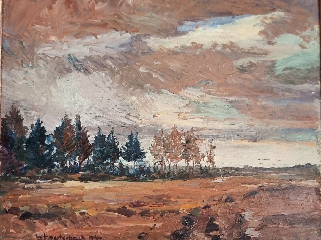 Vintage 1944 German Landscape Oil Painting – Expressionist Forest Scene ...