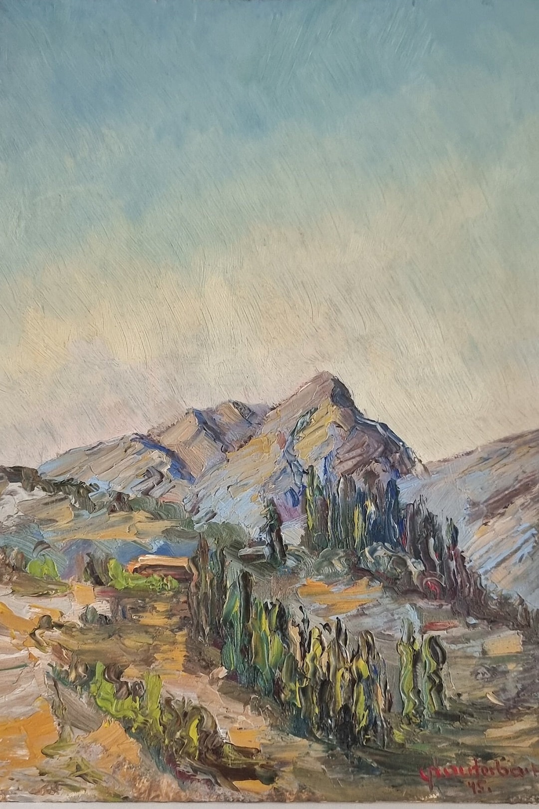 Vintage 1945 German Expressionist Oil Painting – Mountain Landscape ...