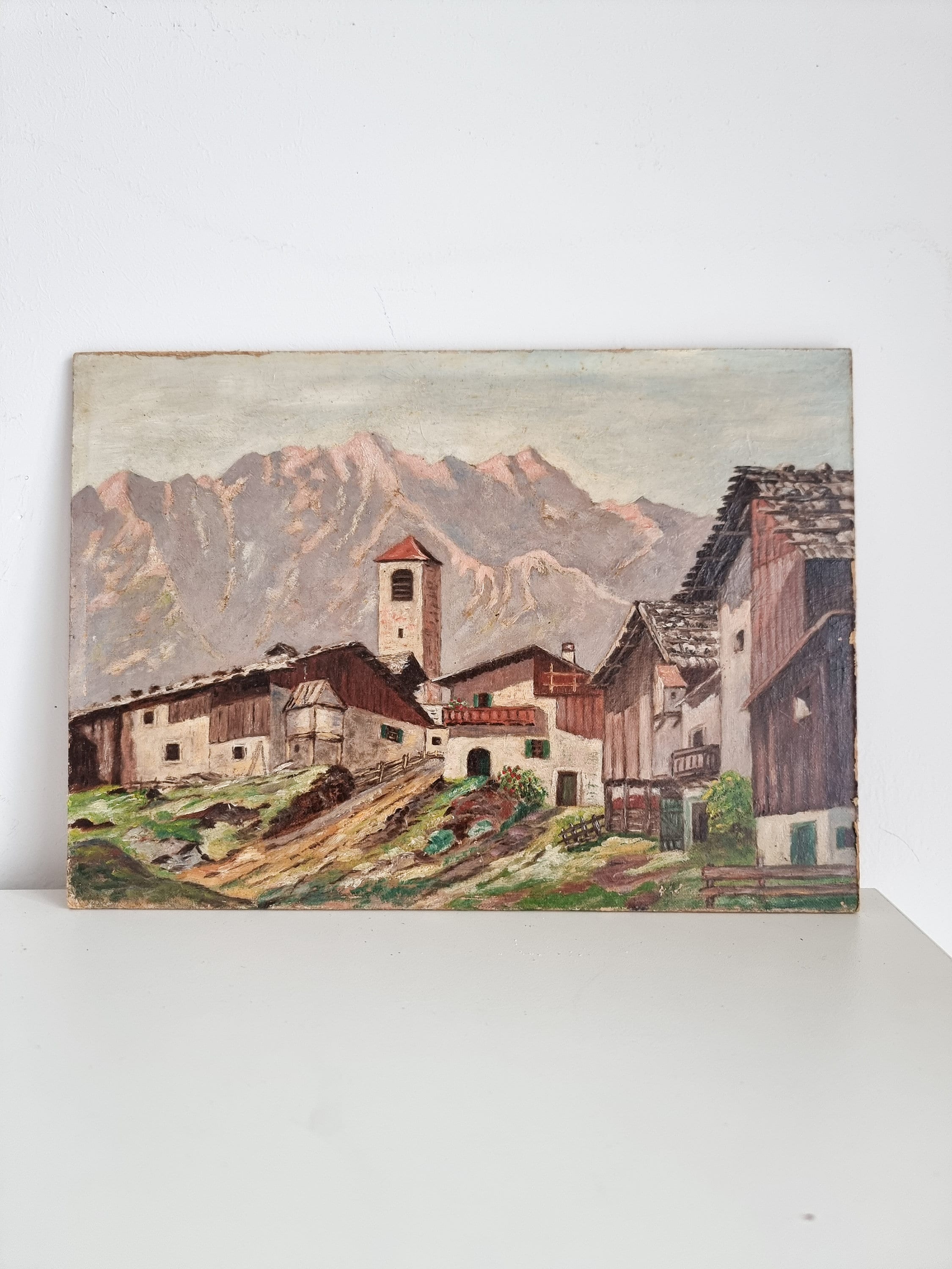 Vintage 1944 German Alpine Village Oil Painting – Original Mountain ...