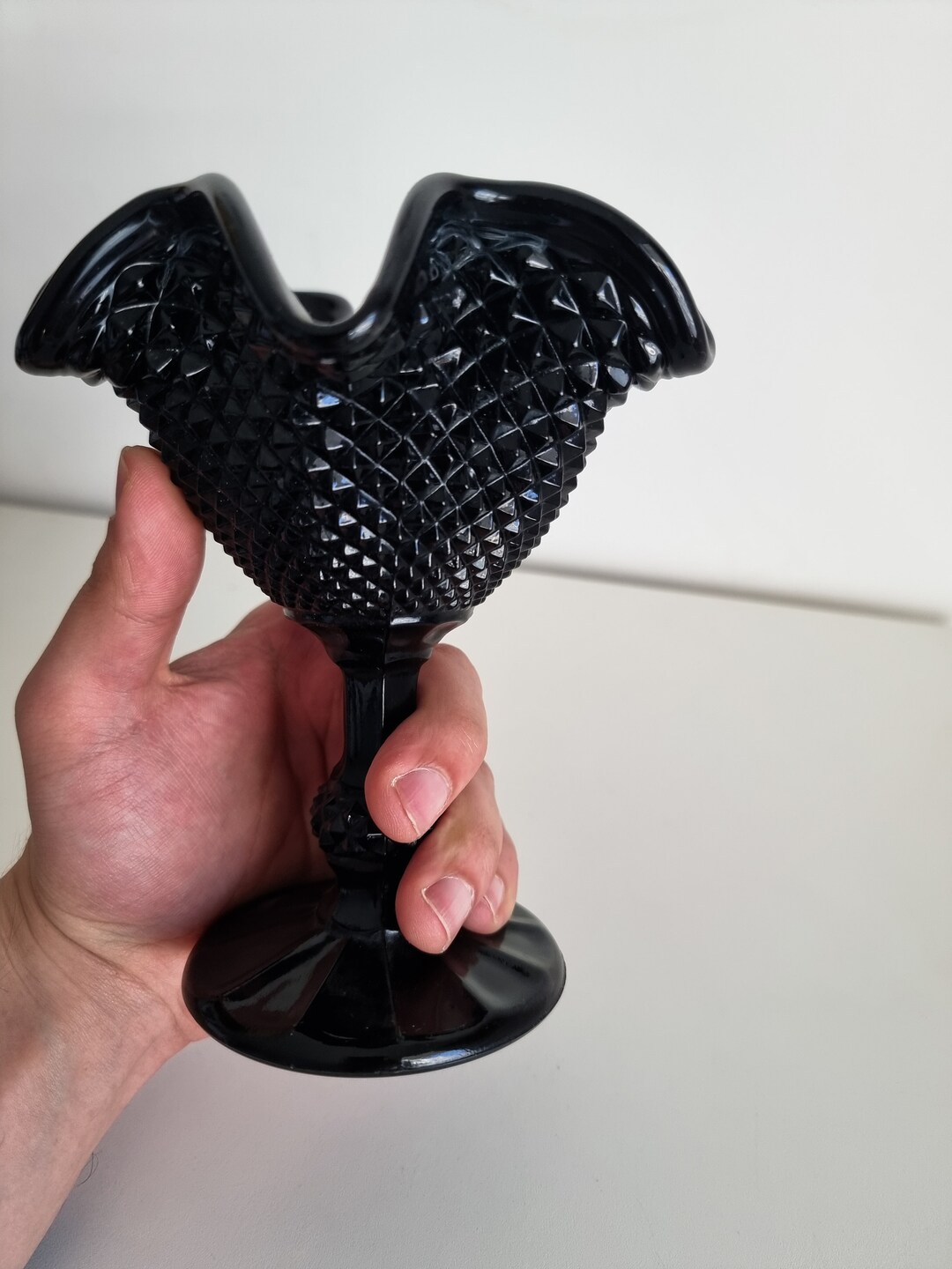 Vintage Black Glass Vase – Gothic Art Deco Pedestal Compote – Pressed ...