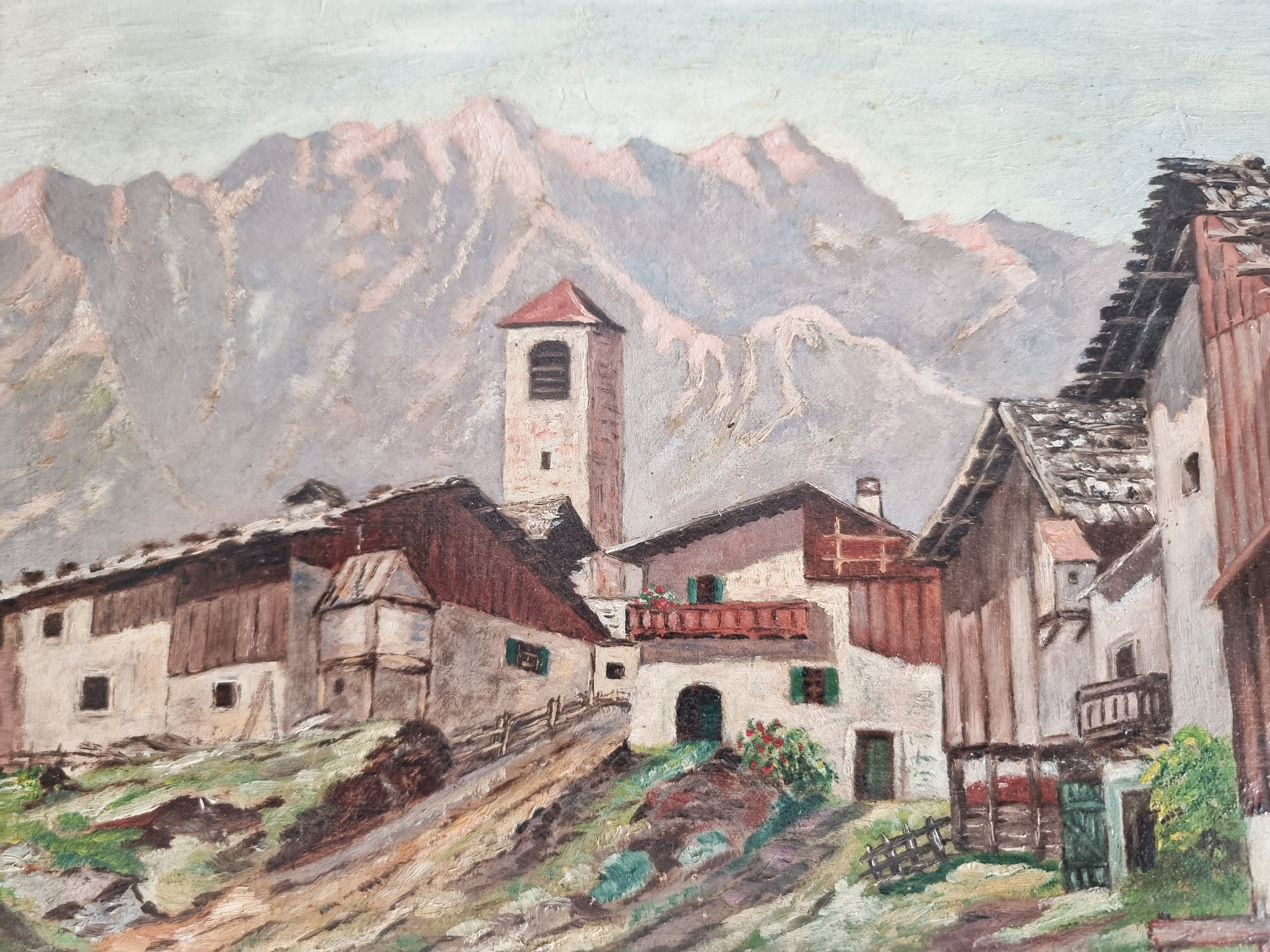 Vintage 1944 German Alpine Village Oil Painting – Original Mountain ...
