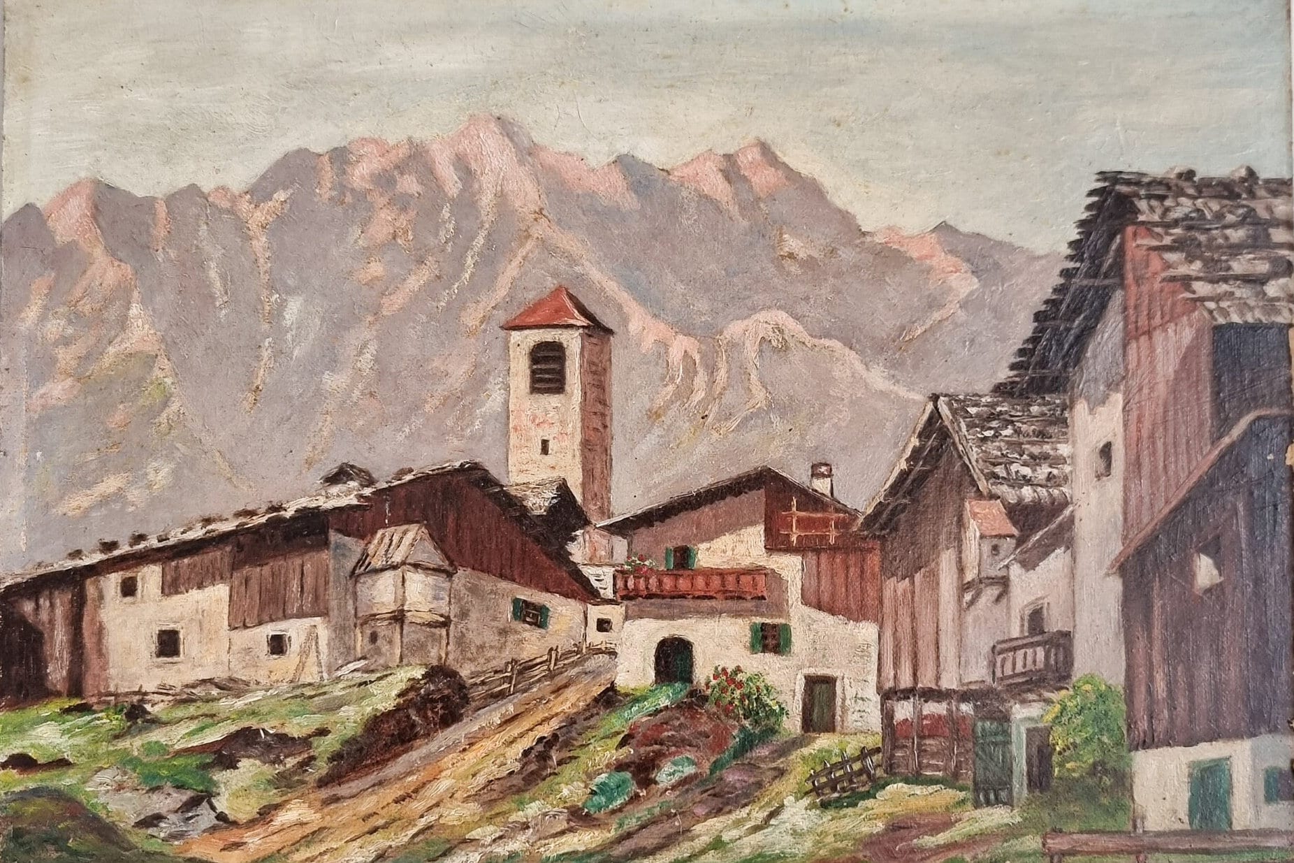 Vintage 1944 German Alpine Village Oil Painting – Original Mountain ...