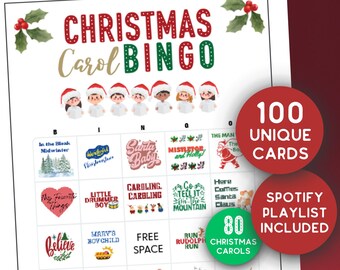 100 Christmas Carol Bingo Cards Printable Game for Kids and Adults ...