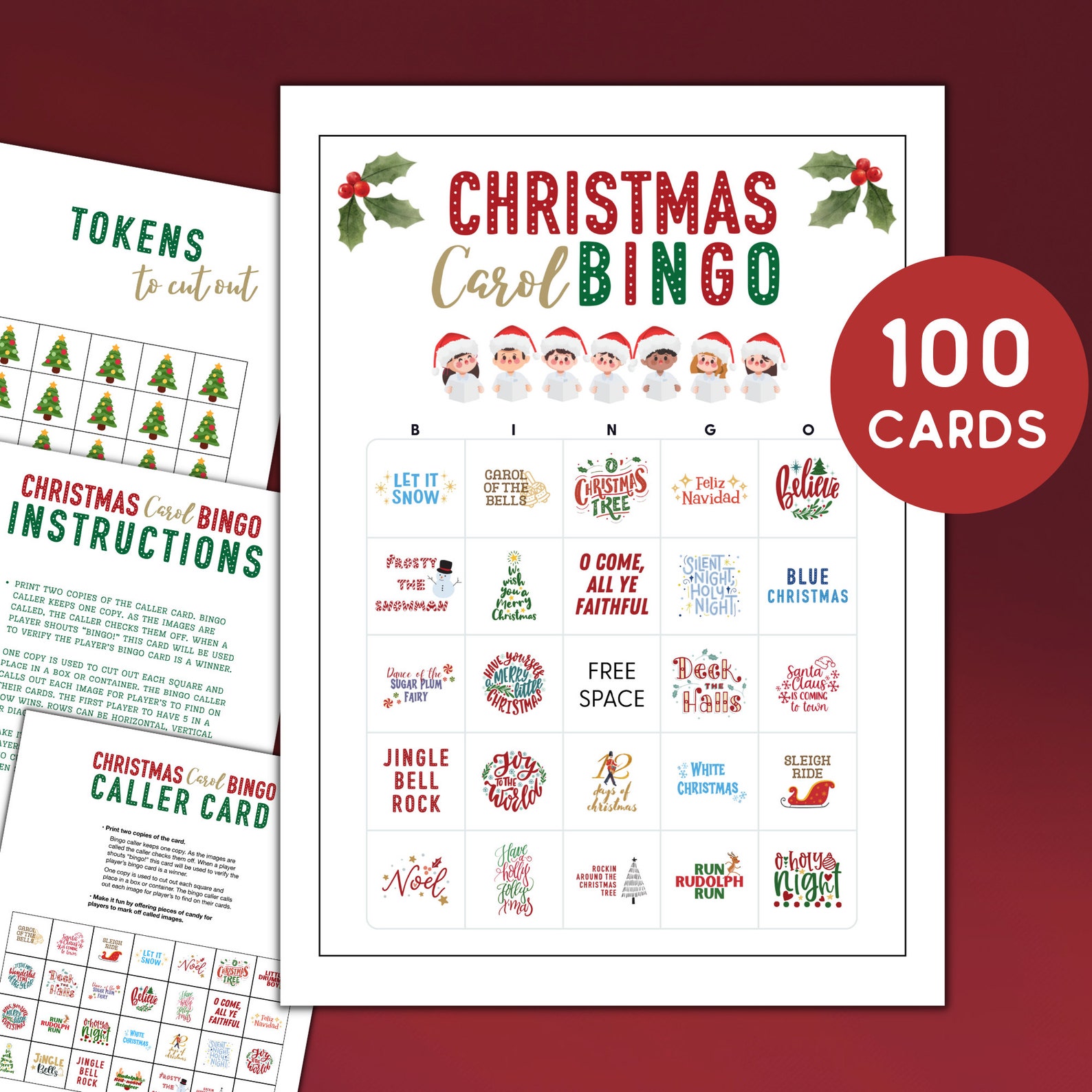 100 Christmas Carol Bingo Cards Printable Game for Kids and Adults ...