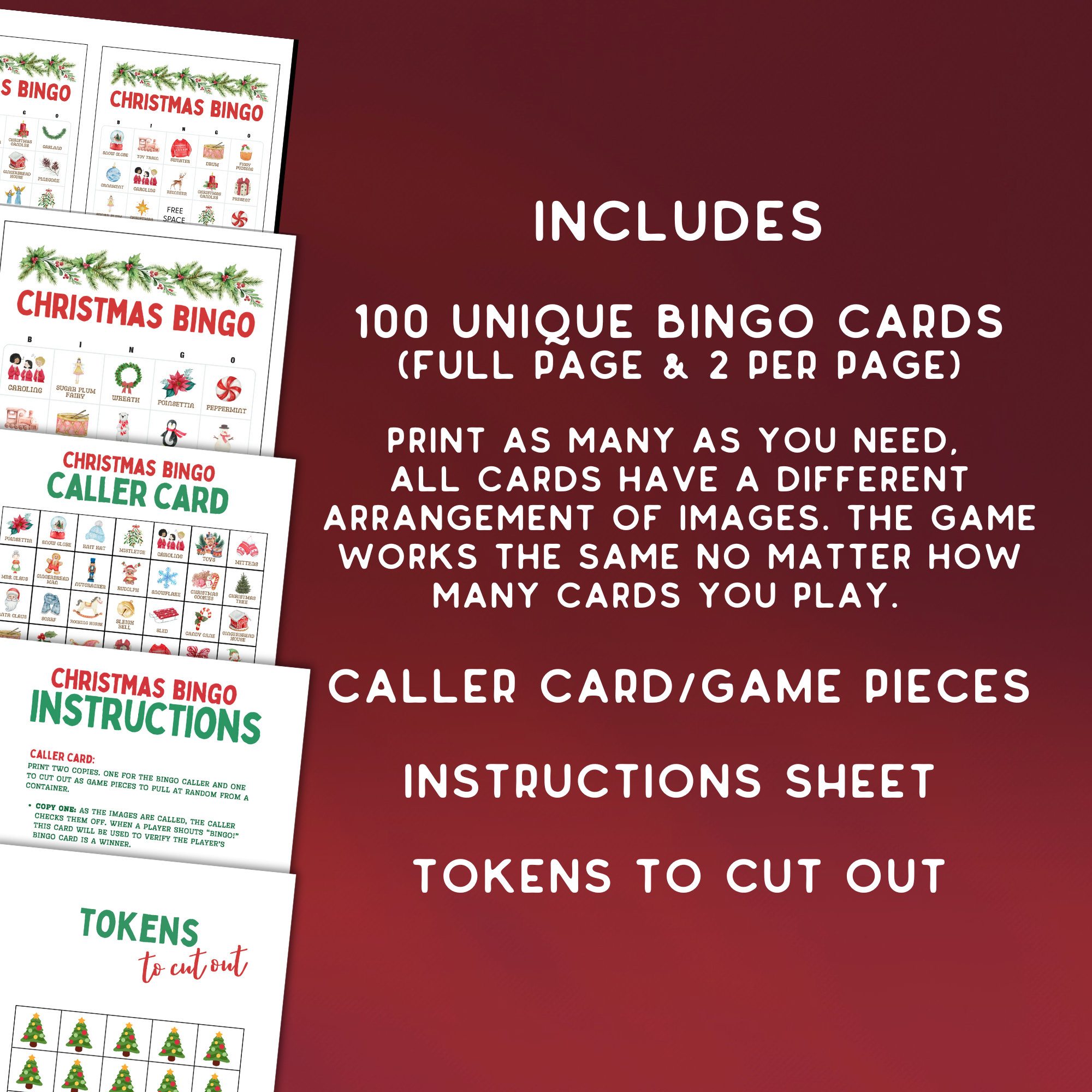 100 Christmas Bingo Cards Printable Game for Kids and Adults, Christmas ...
