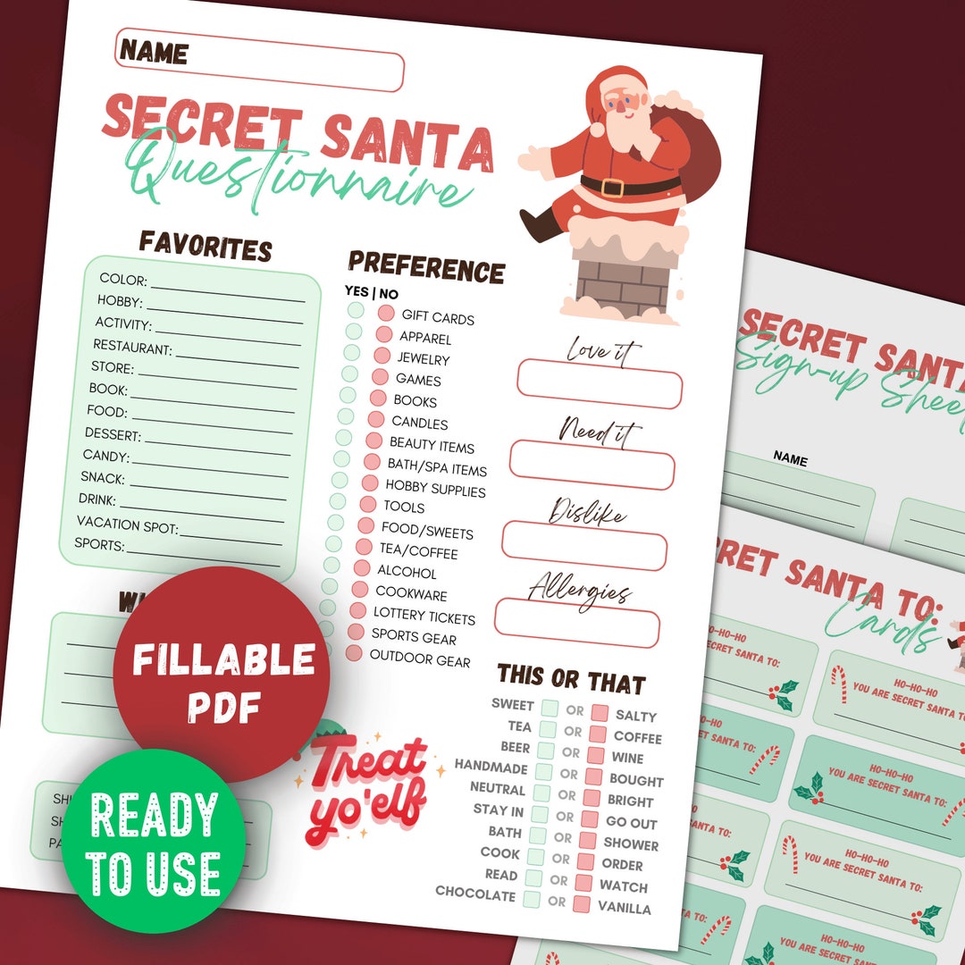 Secret Santa Questionnaire Fillable PDF AND Sign up Sheet Printable for ...