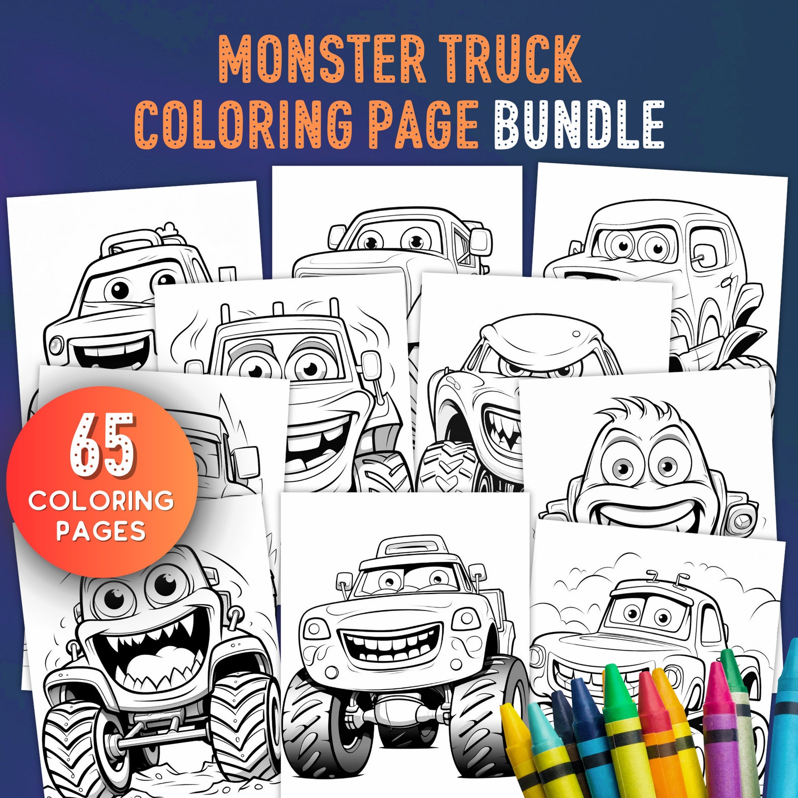 Printable Monster Truck Coloring Book Pages BUNDLE (65 Pages) for Kids ...