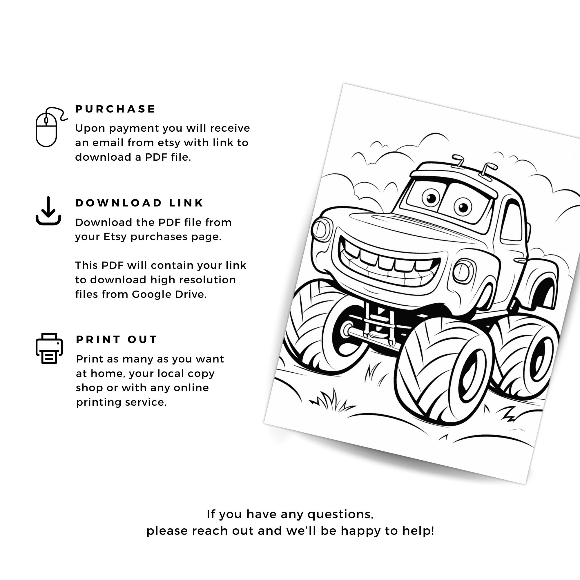 Printable Monster Truck Coloring Book Pages BUNDLE 65 Pages for Kids ...