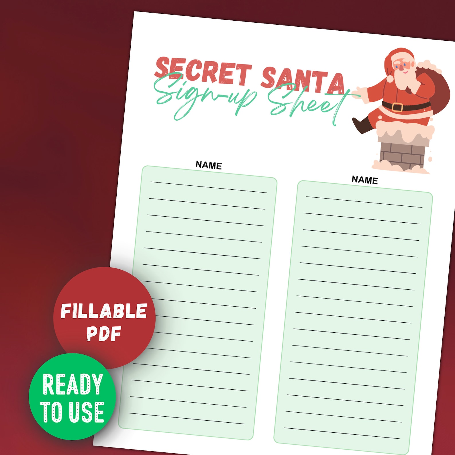 Secret Santa Sign up Sheet Fillable PDF Printable for Work, Family ...