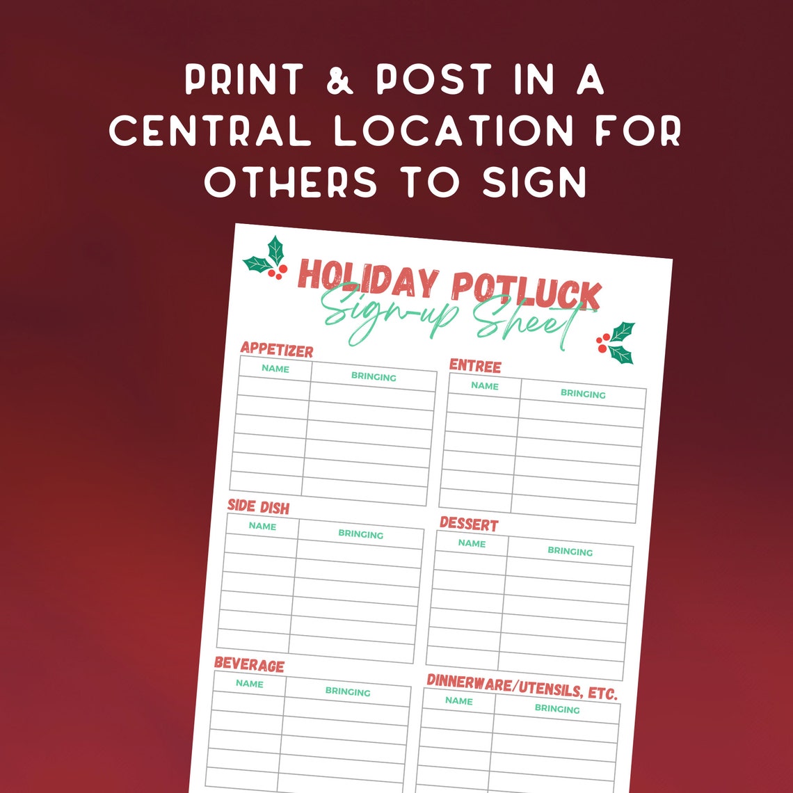 Holiday Potluck Sign up Sheet, Holiday Potluck, Holiday Party Sign up ...