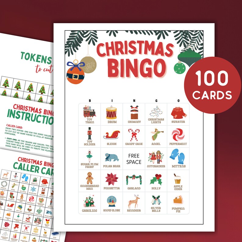 100 Christmas Bingo Cards Printable Game for Kids and Adults, Christmas Party Game, Work Holiday ...