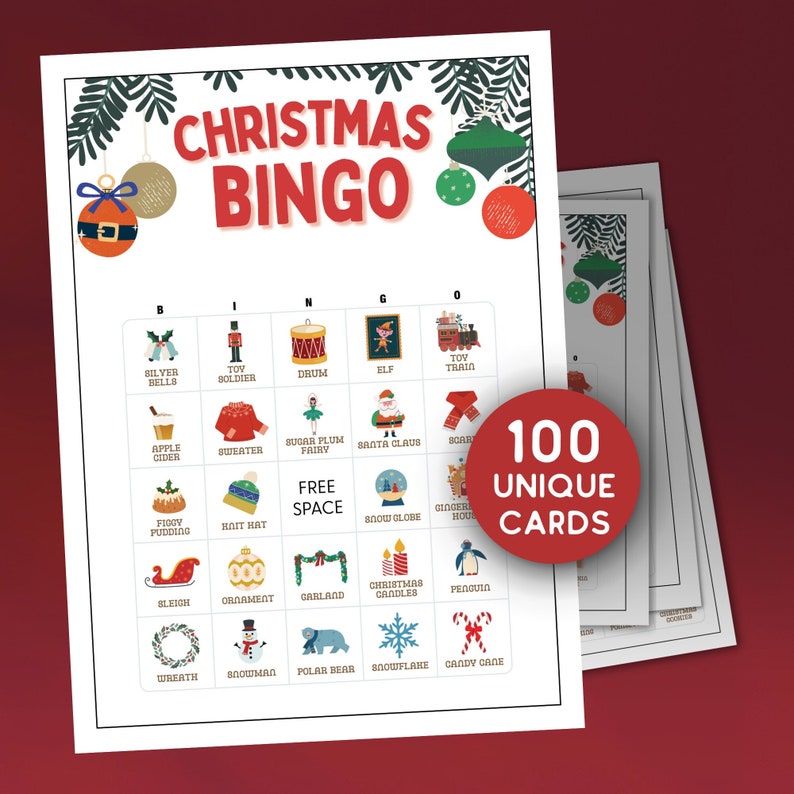 100 Christmas Bingo Cards Printable Game for Kids and Adults, Christmas ...