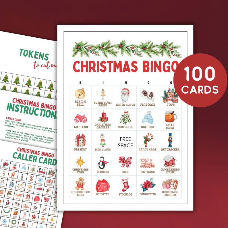100 Christmas Bingo Cards Printable Game for Kids and Adults, Christmas ...