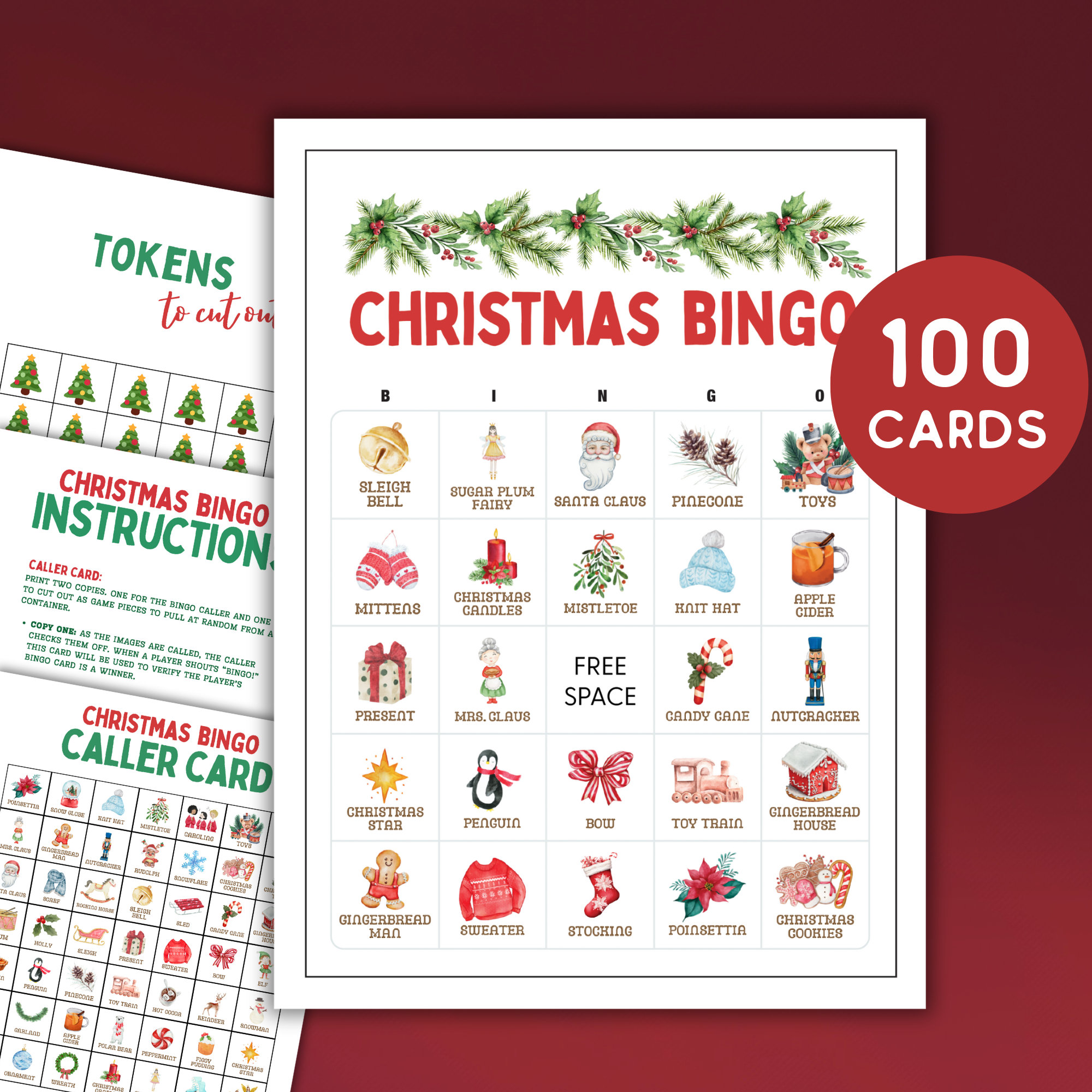 100 Christmas Bingo Cards Printable Game for Kids and Adults, Christmas ...