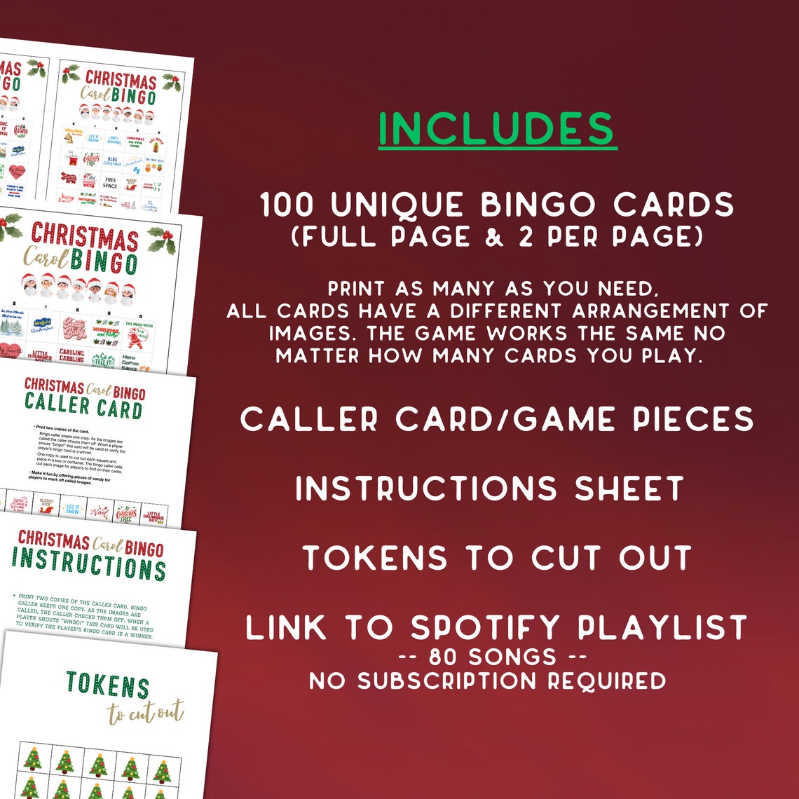 100 Christmas Carol Bingo Cards Printable Game for Kids and Adults-80 ...