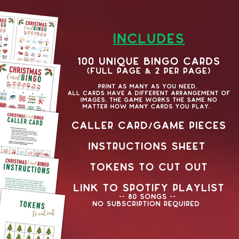 100 Christmas Carol Bingo Cards Printable Game for Kids and Adults-80 ...