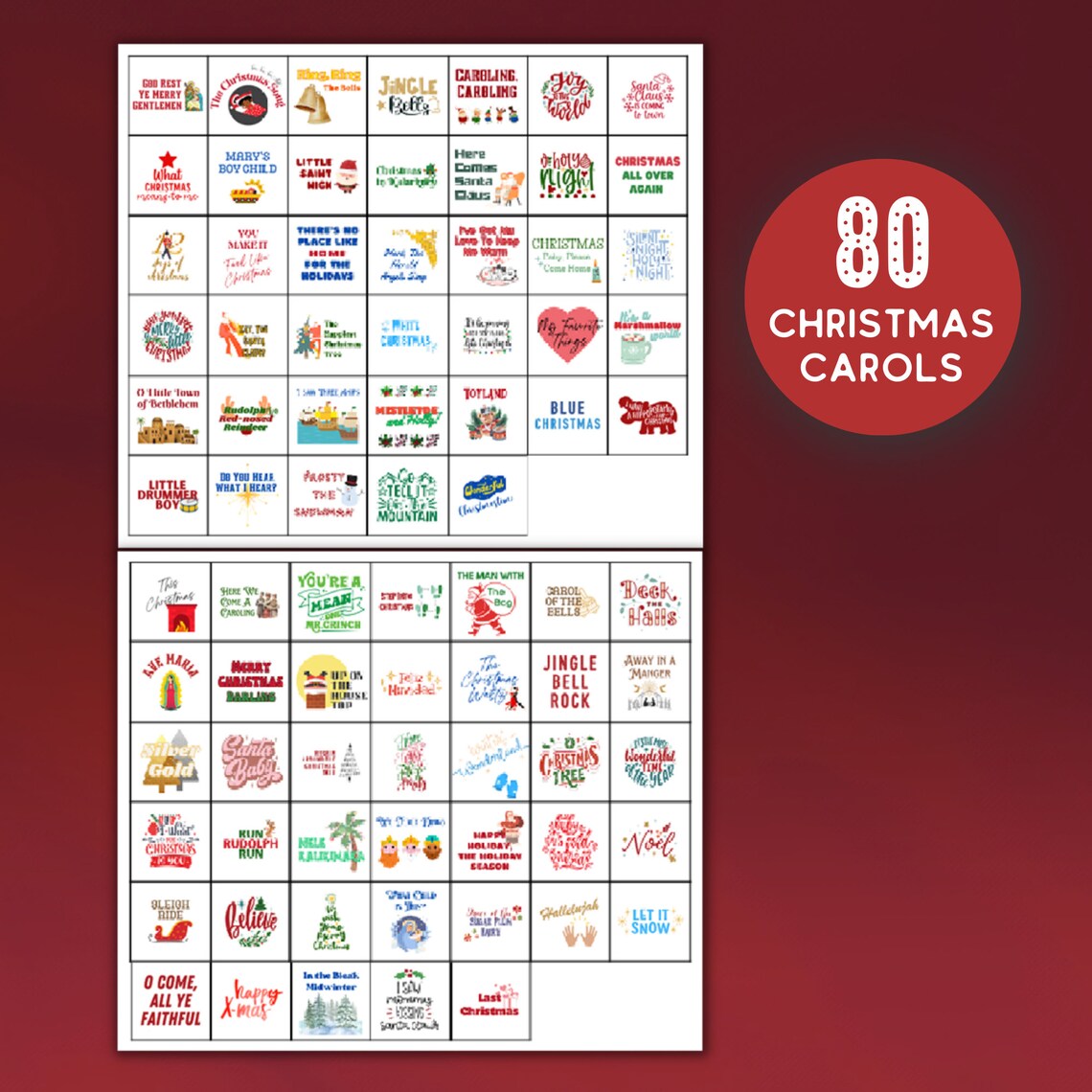100 Christmas Carol Bingo Cards Printable Game for Kids and Adults-80 ...