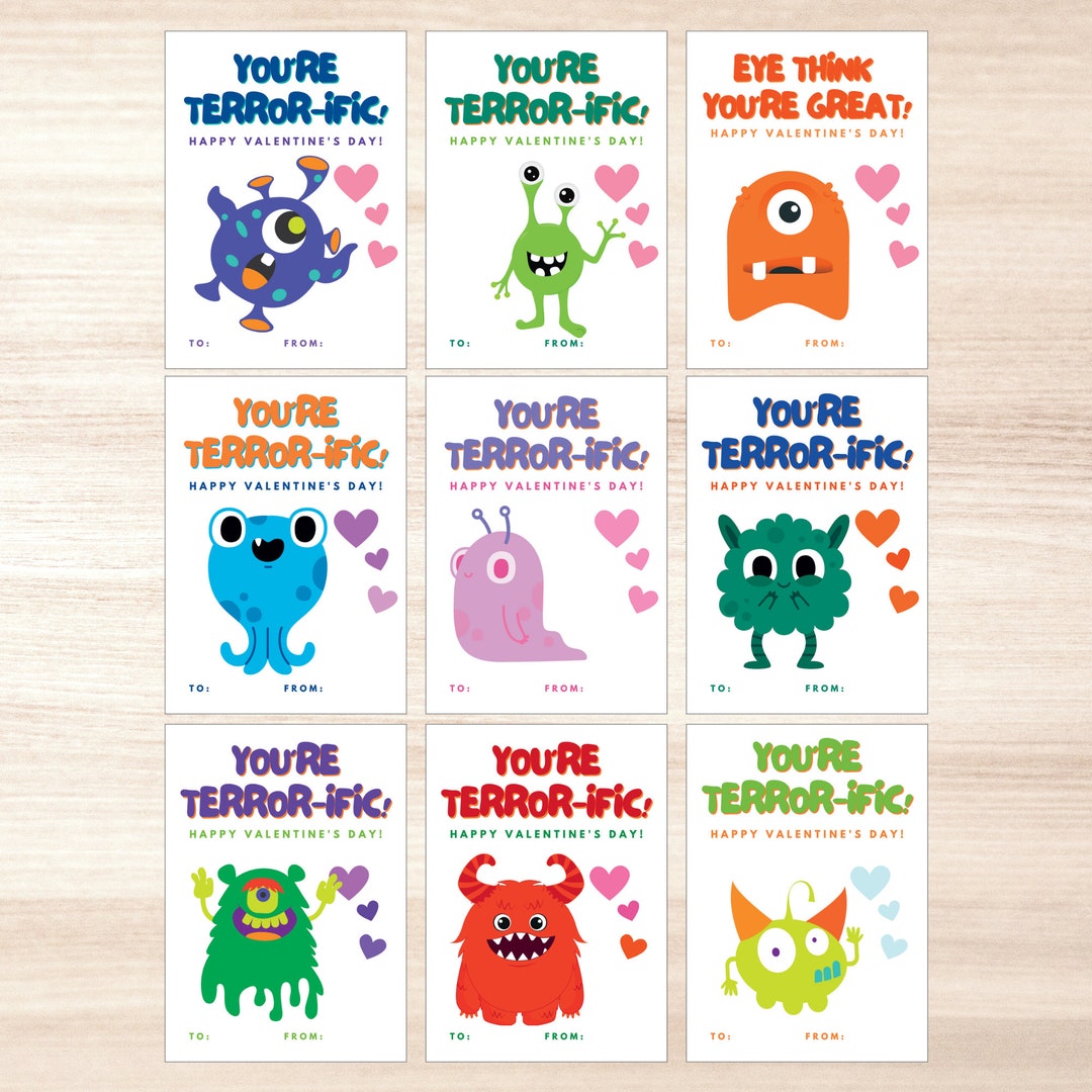 Printable Classroom Valentine's Day Cards for Kids, Monster / Alien ...