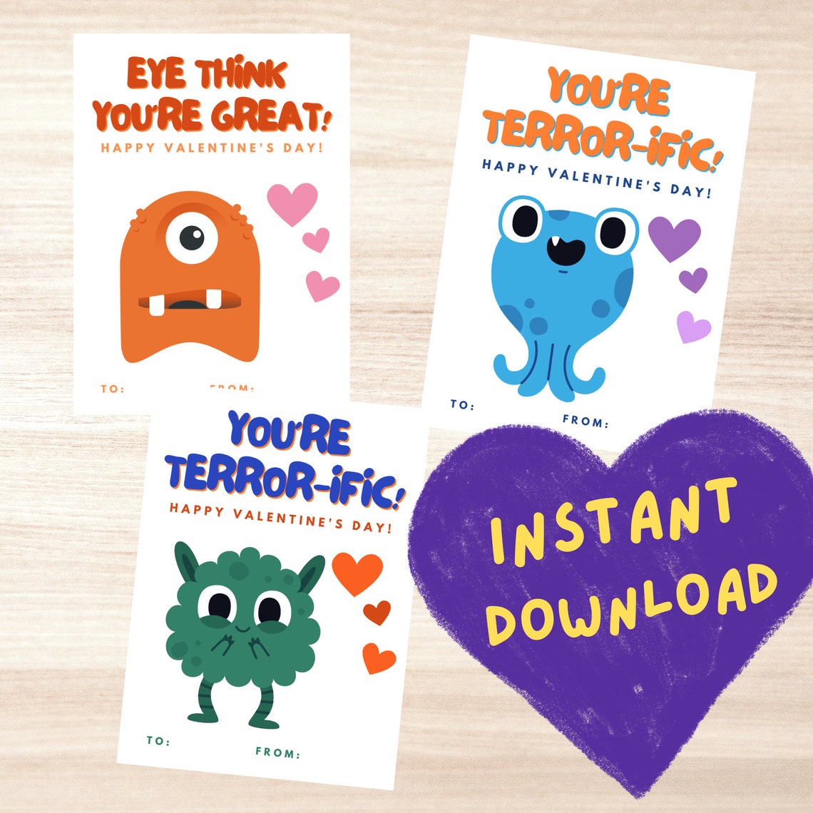 Printable Classroom Valentine's Day Cards for Kids, Monster / Alien ...