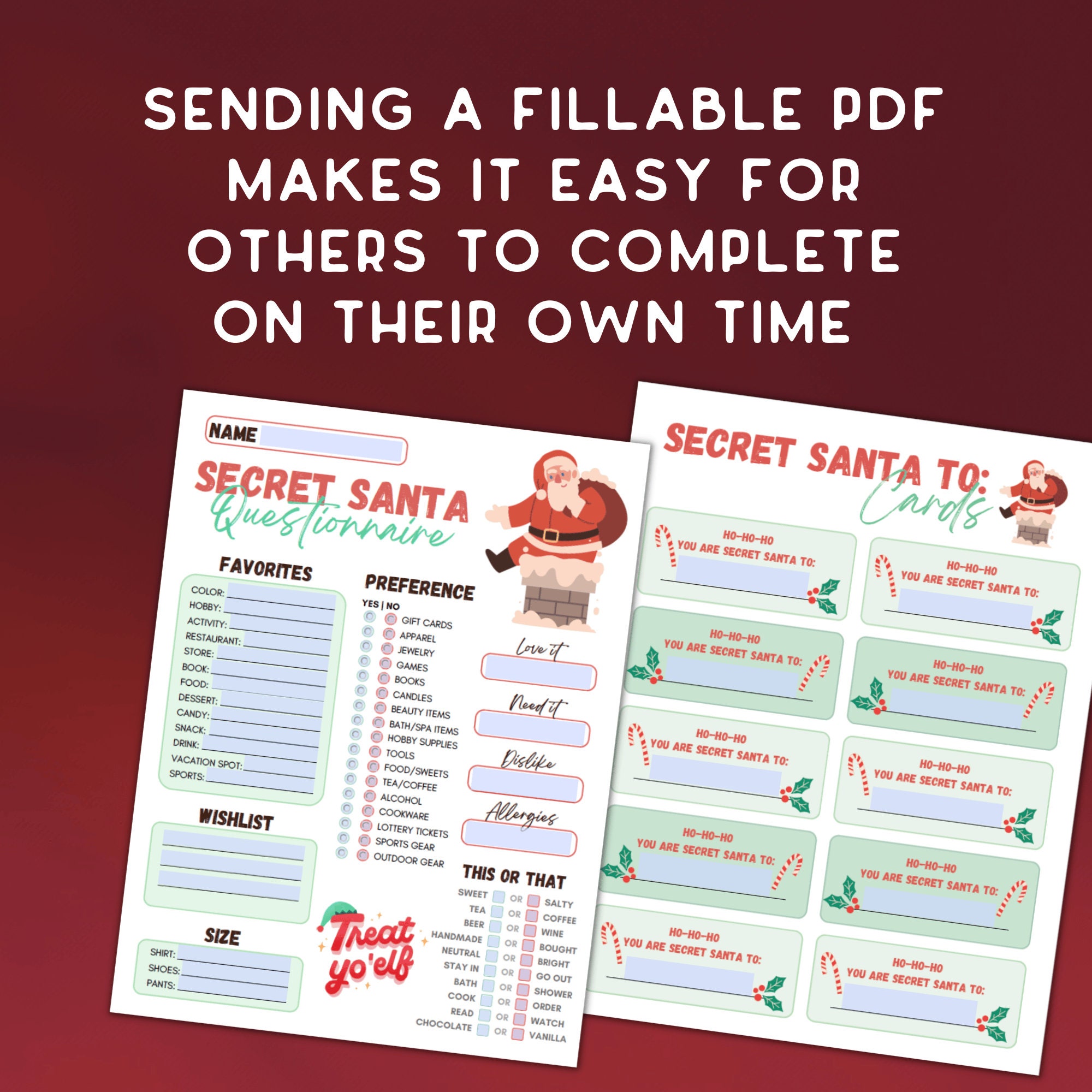 Secret Santa Questionnaire Fillable PDF AND Sign up Sheet Printable for ...