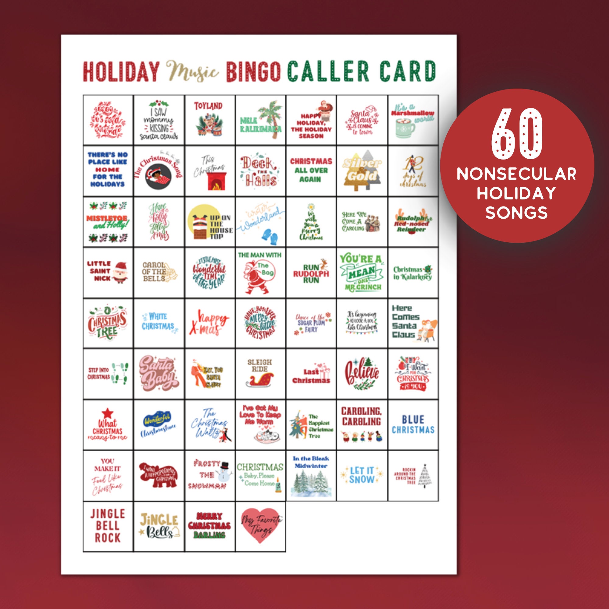 100 Non-secular Holiday Music Bingo Cards Printable Game for Kids and ...