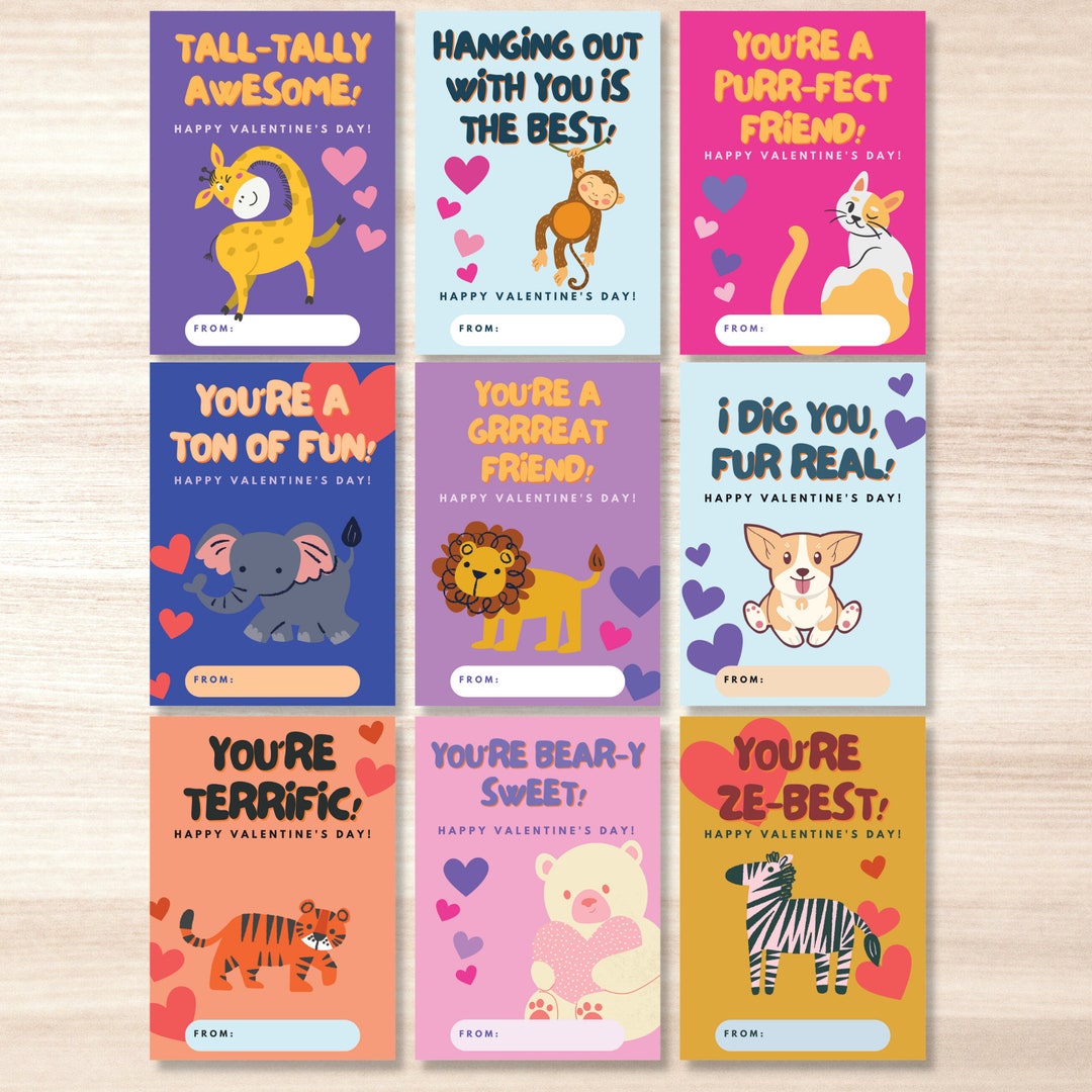 Printable Classroom Valentine's Day Cards for Kids Class, Animal Cards ...