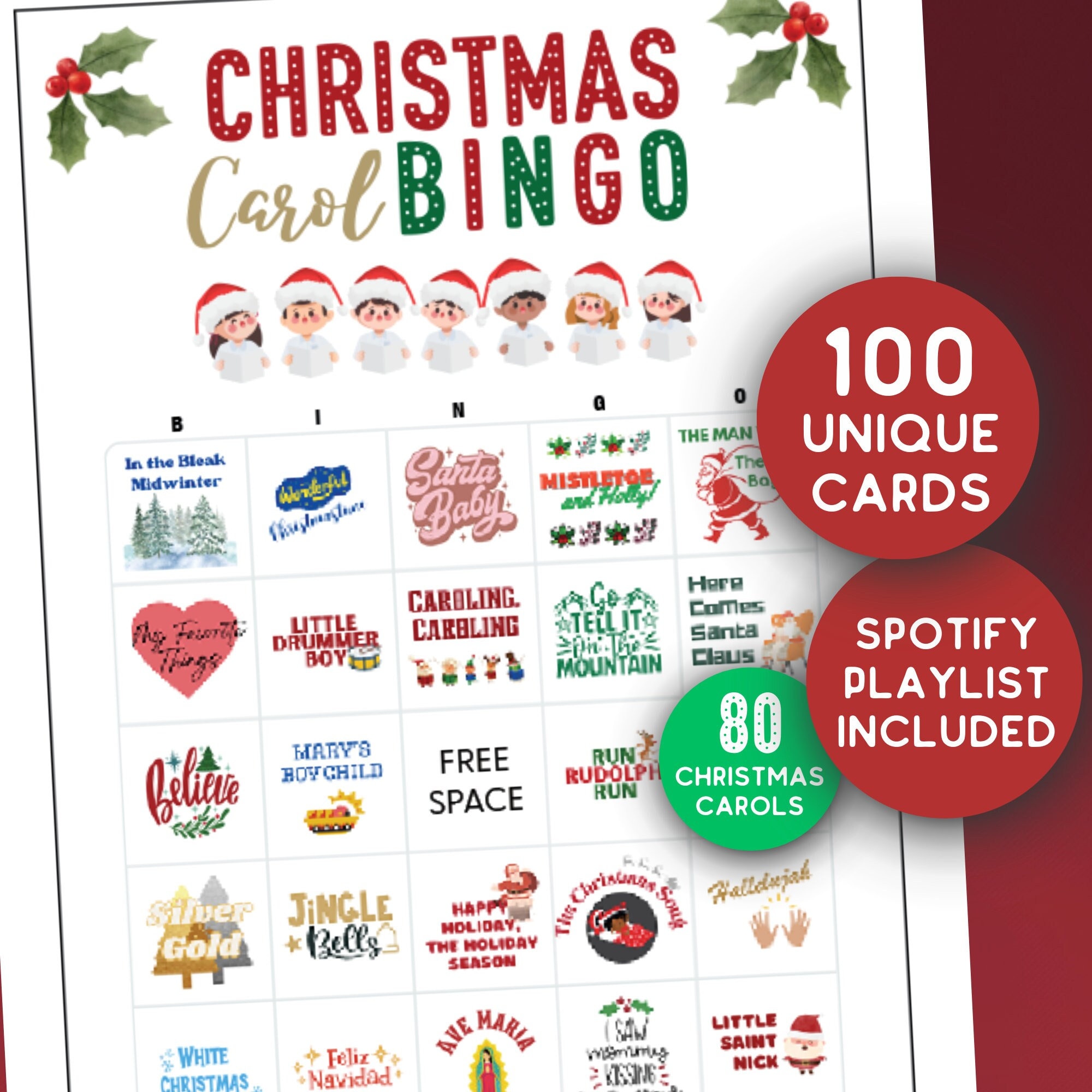 100 Christmas Carol Bingo Cards Printable Game for Kids and Adults-80 ...