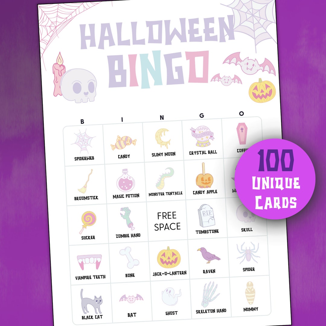 100 Pastel Halloween Bingo Cards Printable Game for Kids and Adults ...