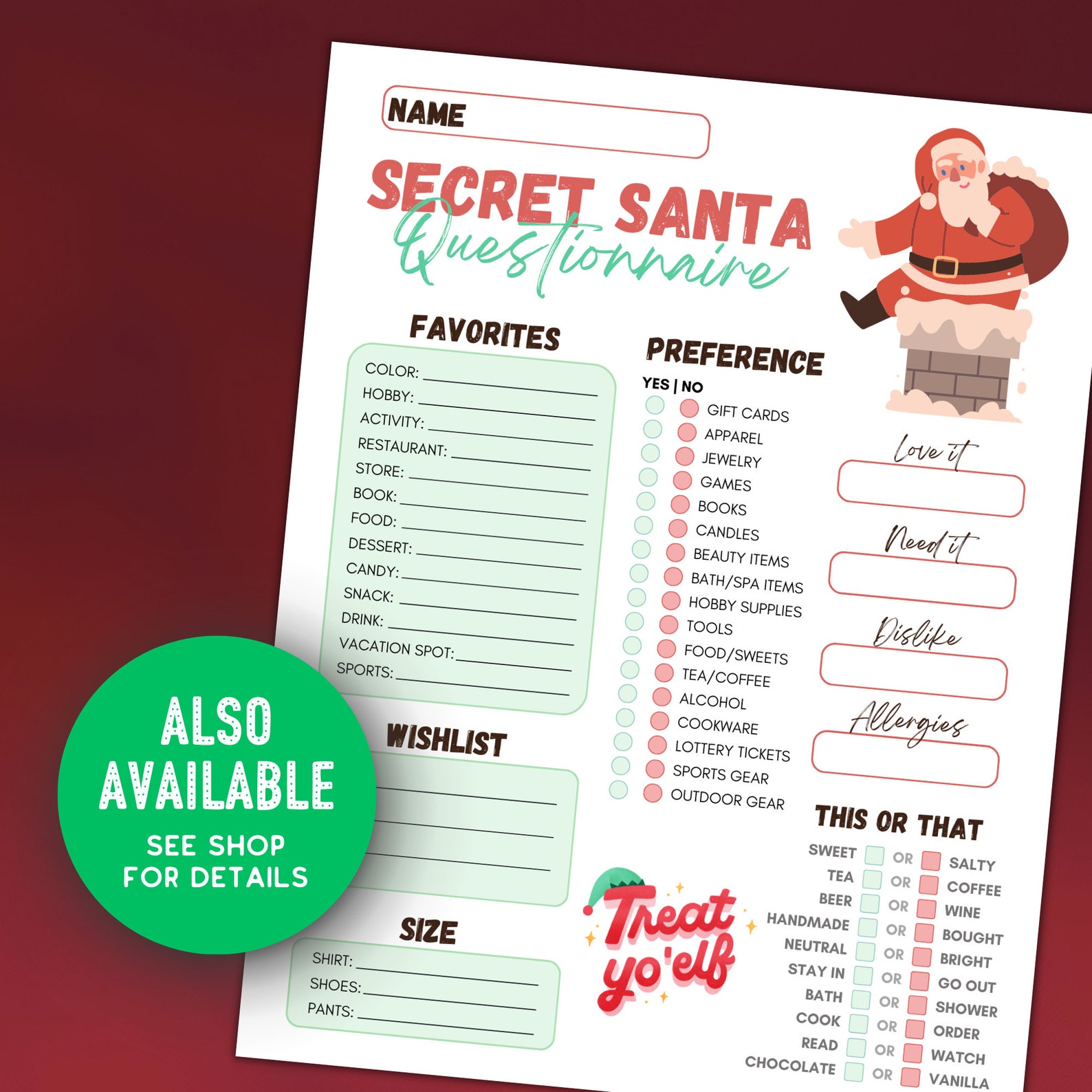 Secret Santa Sign up Sheet Fillable PDF Printable for Work, Family ...