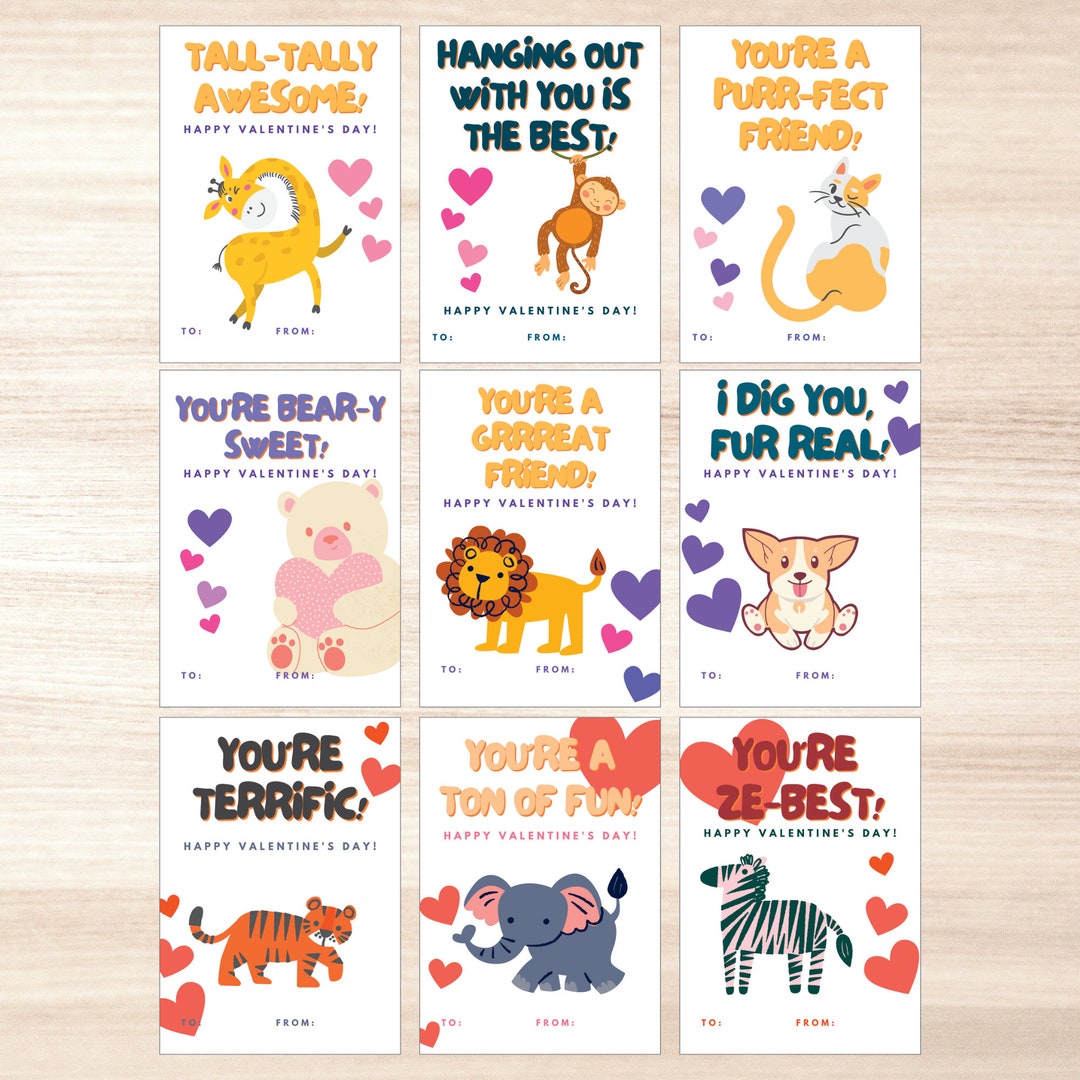 Printable Classroom Valentine's Day Cards for Kids Class, Animal Cards ...