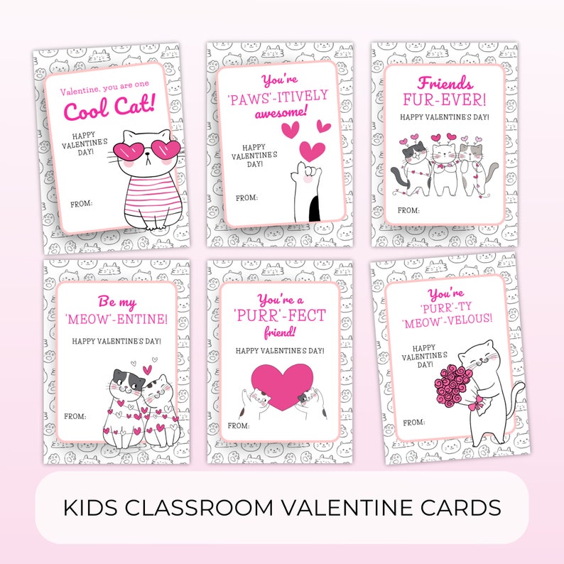 Cat Valentine Printable Cards Classroom Valentines Valentine Exchange ...