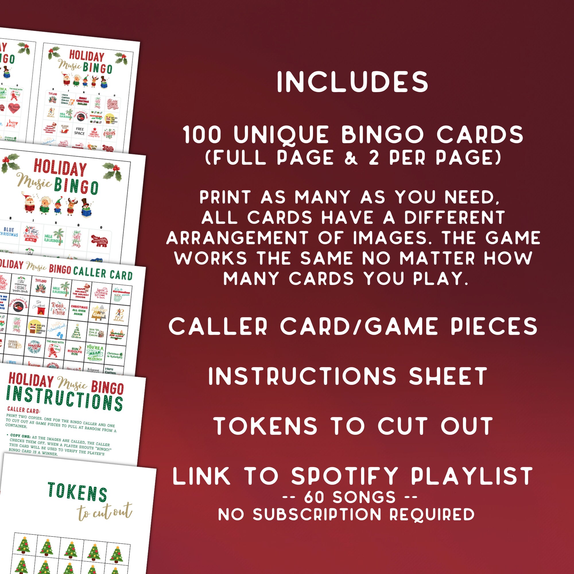 100 Non-secular Holiday Music Bingo Cards Printable Game for Kids and ...