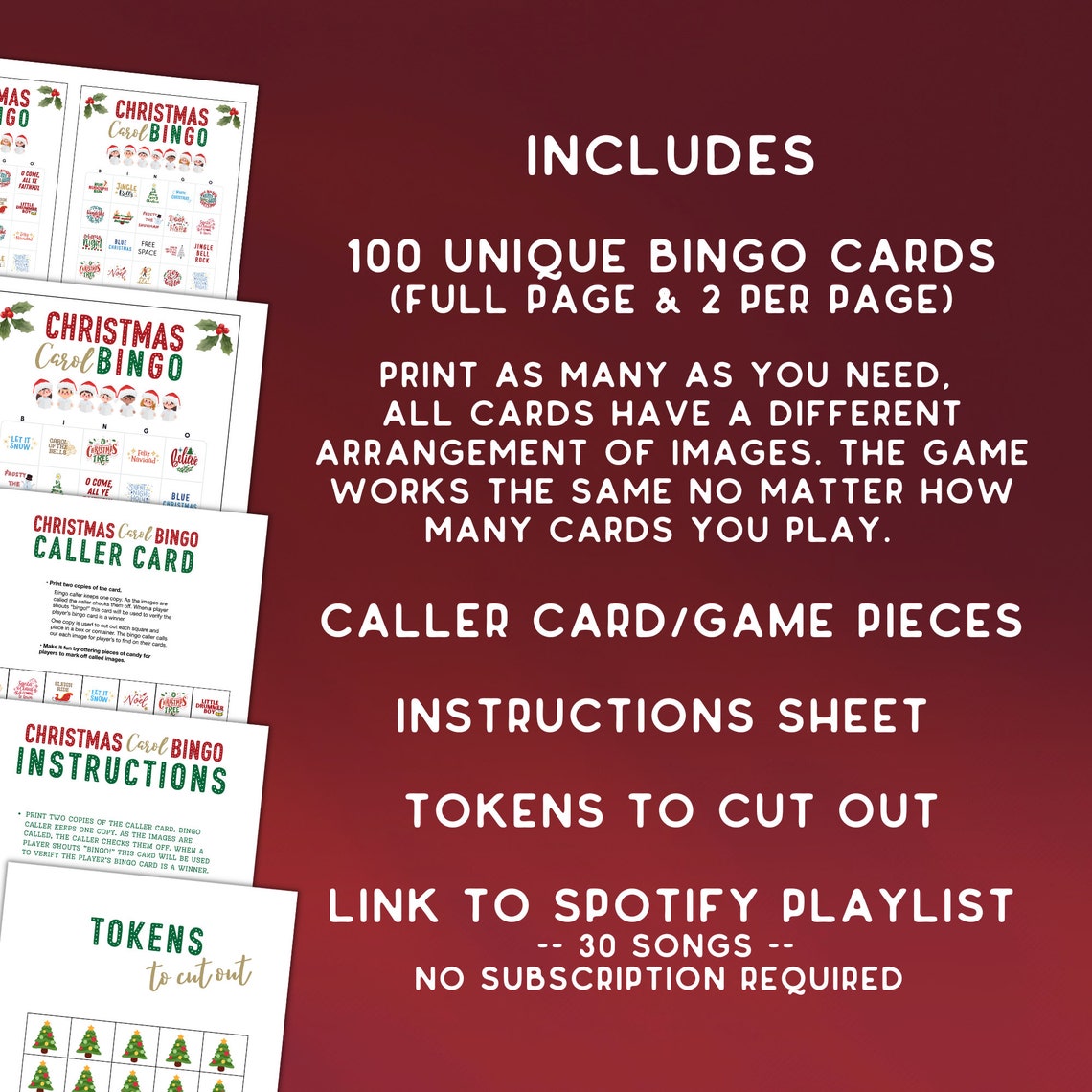 100 Christmas Carol Bingo Cards Printable Game for Kids and Adults ...