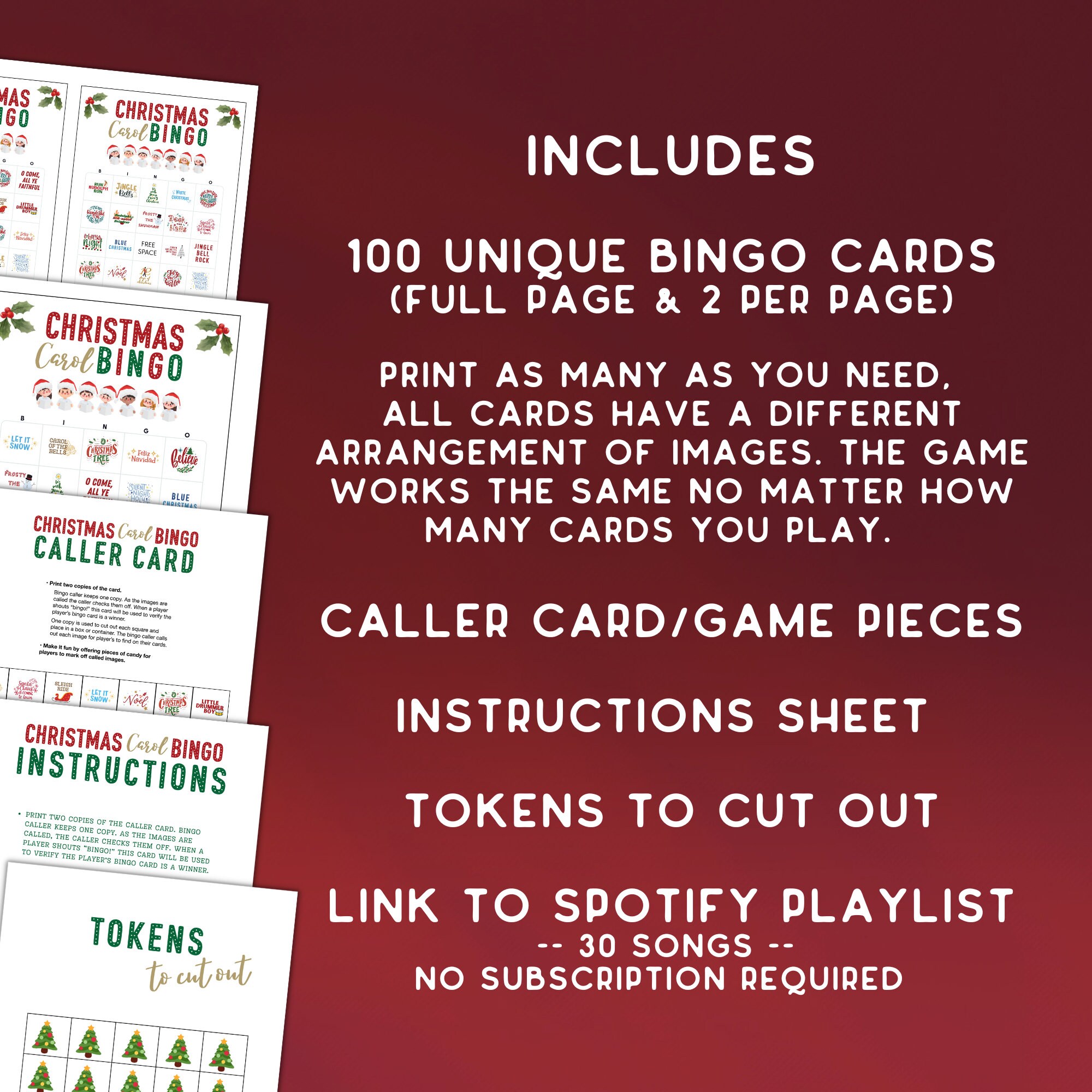 100 Christmas Carol Bingo Cards Printable Game for Kids and Adults ...