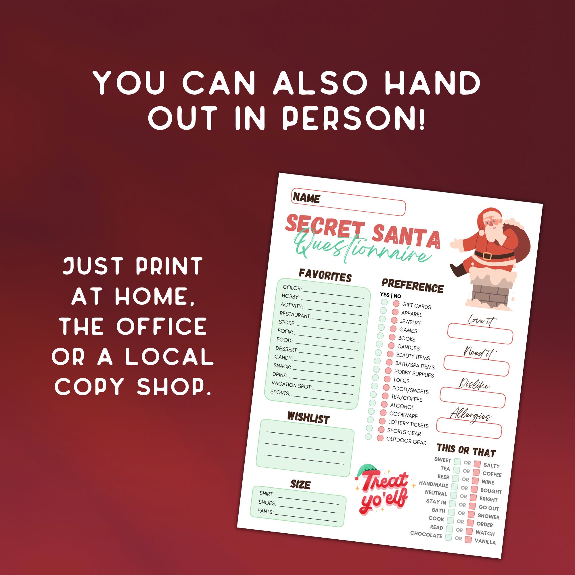 Secret Santa Questionnaire Fillable PDF AND Sign up Sheet Printable for ...