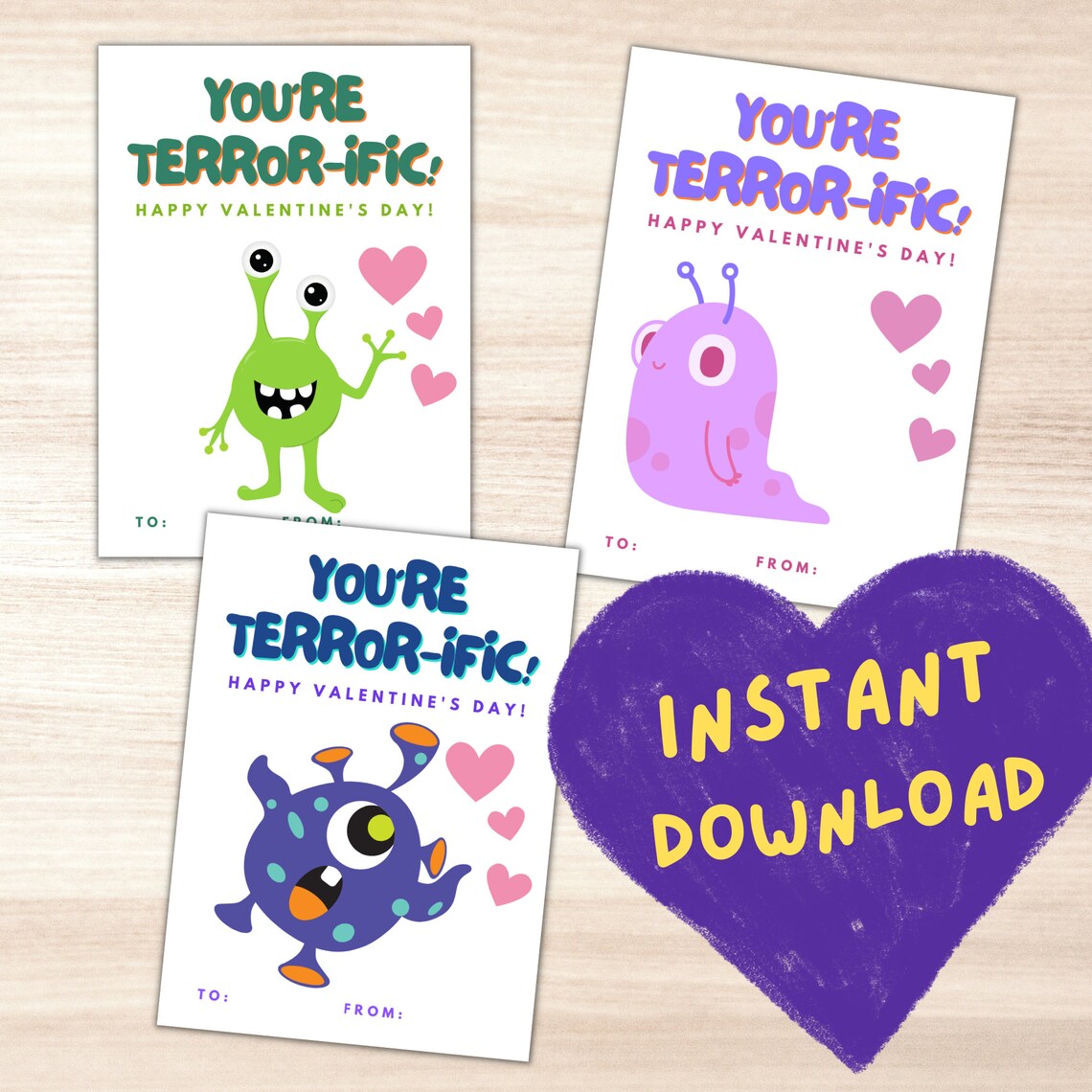 Printable Classroom Valentine's Day Cards for Kids, Monster / Alien ...