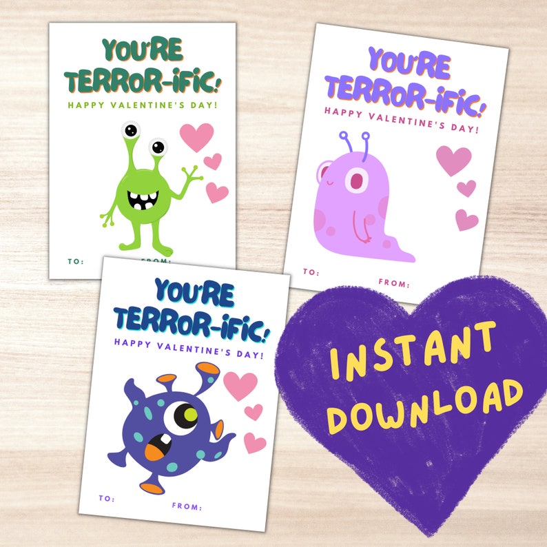 Printable Classroom Valentine's Day Cards for Kids, Monster / Alien ...