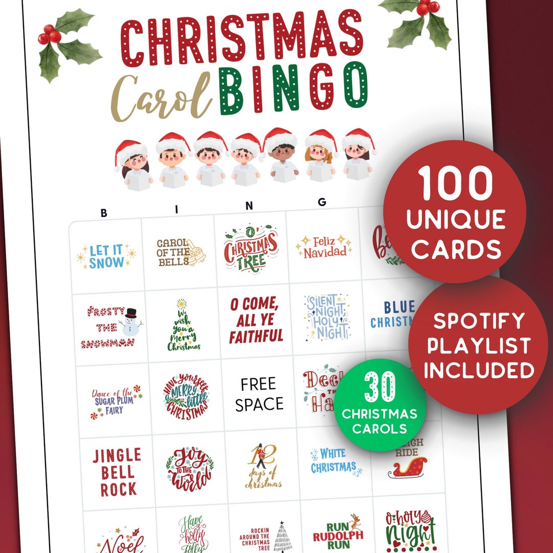 100 Christmas Carol Bingo Cards Printable Game for Kids and Adults ...