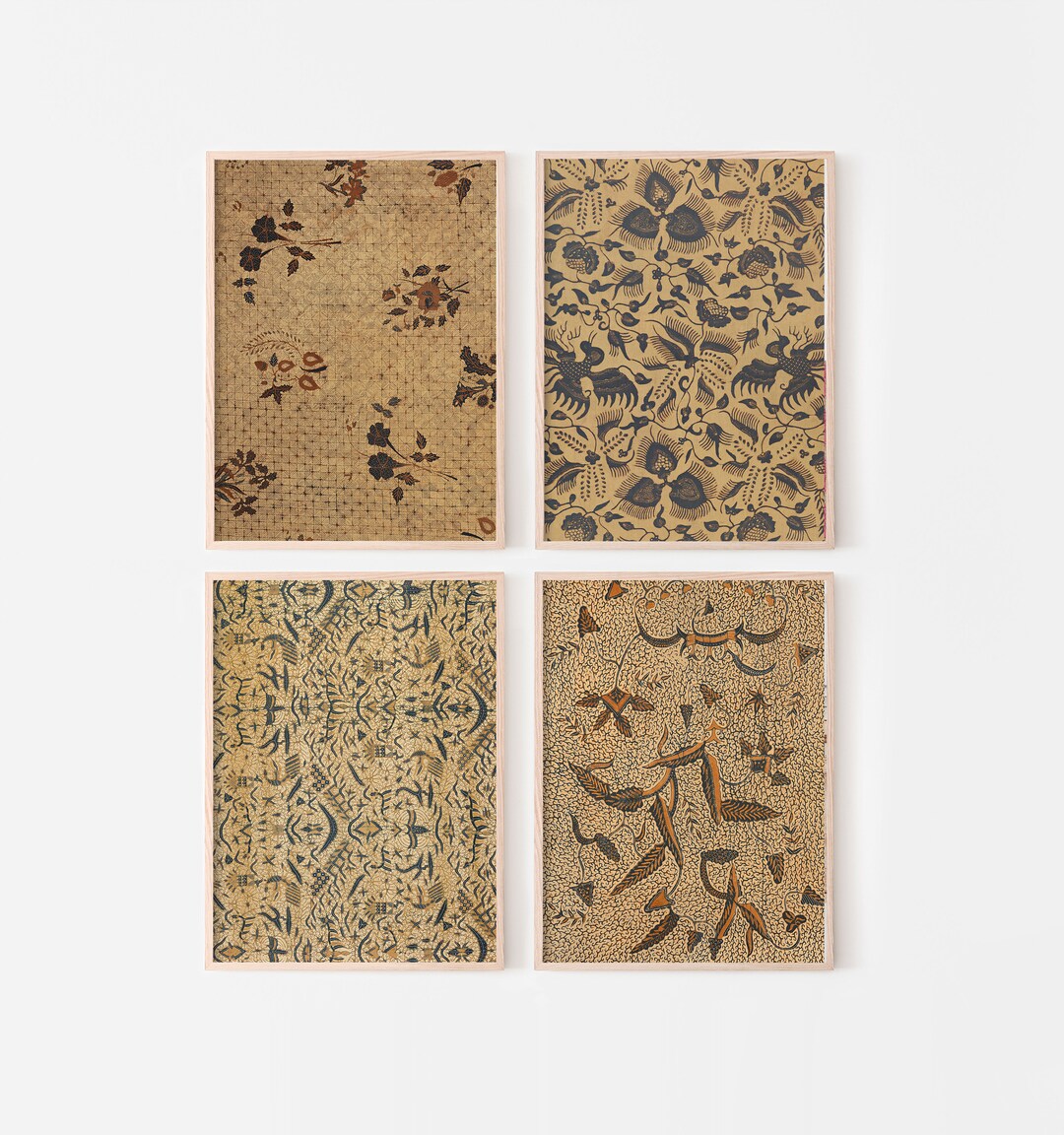 Golden Brown Batik Fabric Wall Art - Set of 4 Indonesia Tribal Posters ...