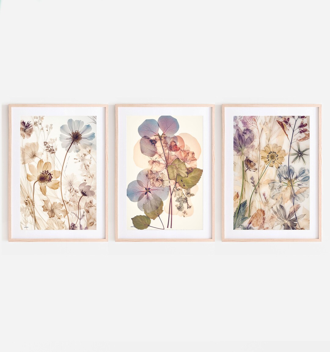 Pressed Flowers Art Set of Three Prints, Downloadable Floral Wall Art Botanical Triptych, Light ...