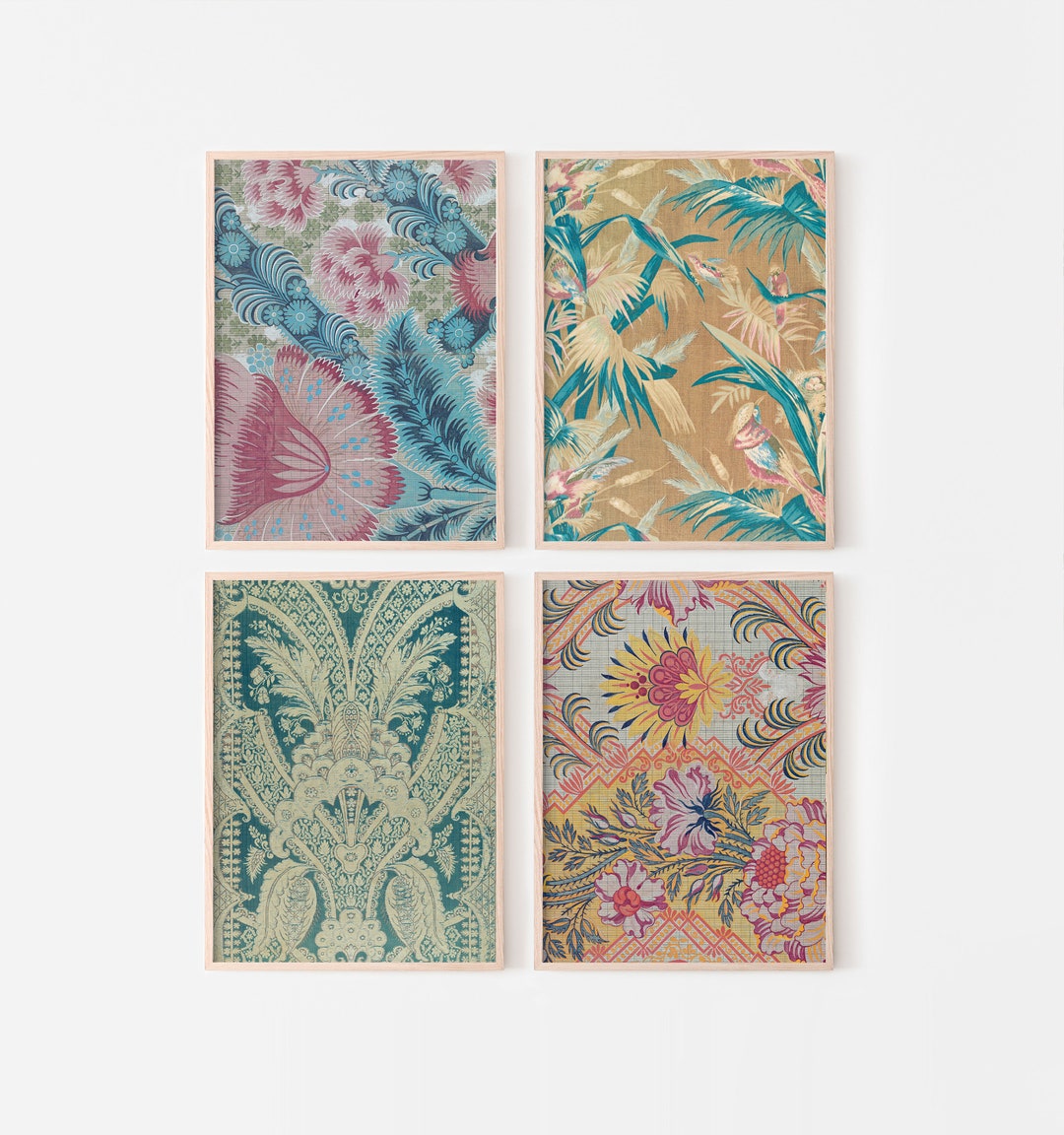 Muted French Floral Vintage Textiles Set of 4 Prints, Antique Abstract ...