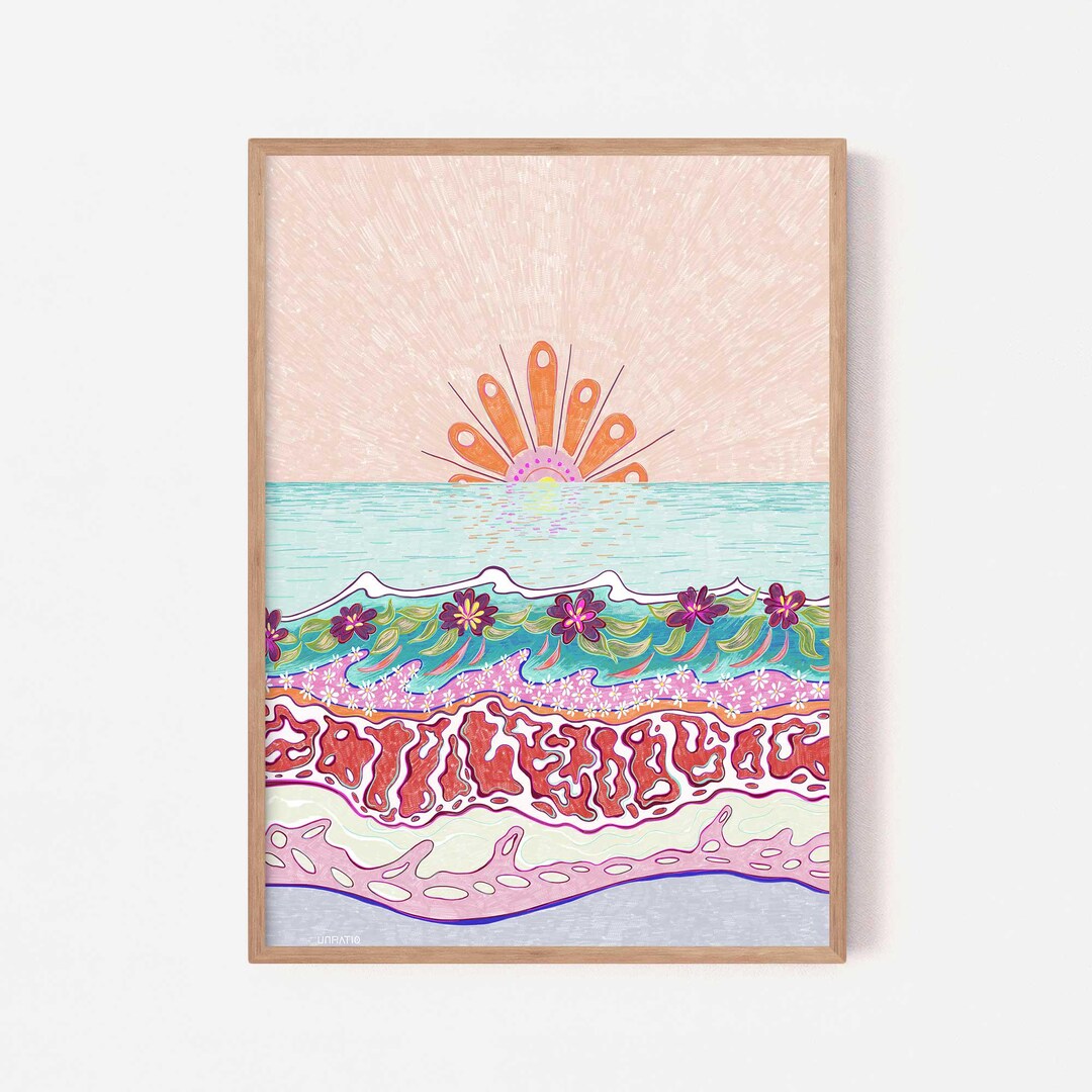 Boho Ocean Sunset Illustration, Printable Floral Waves Sun Sea Water ...