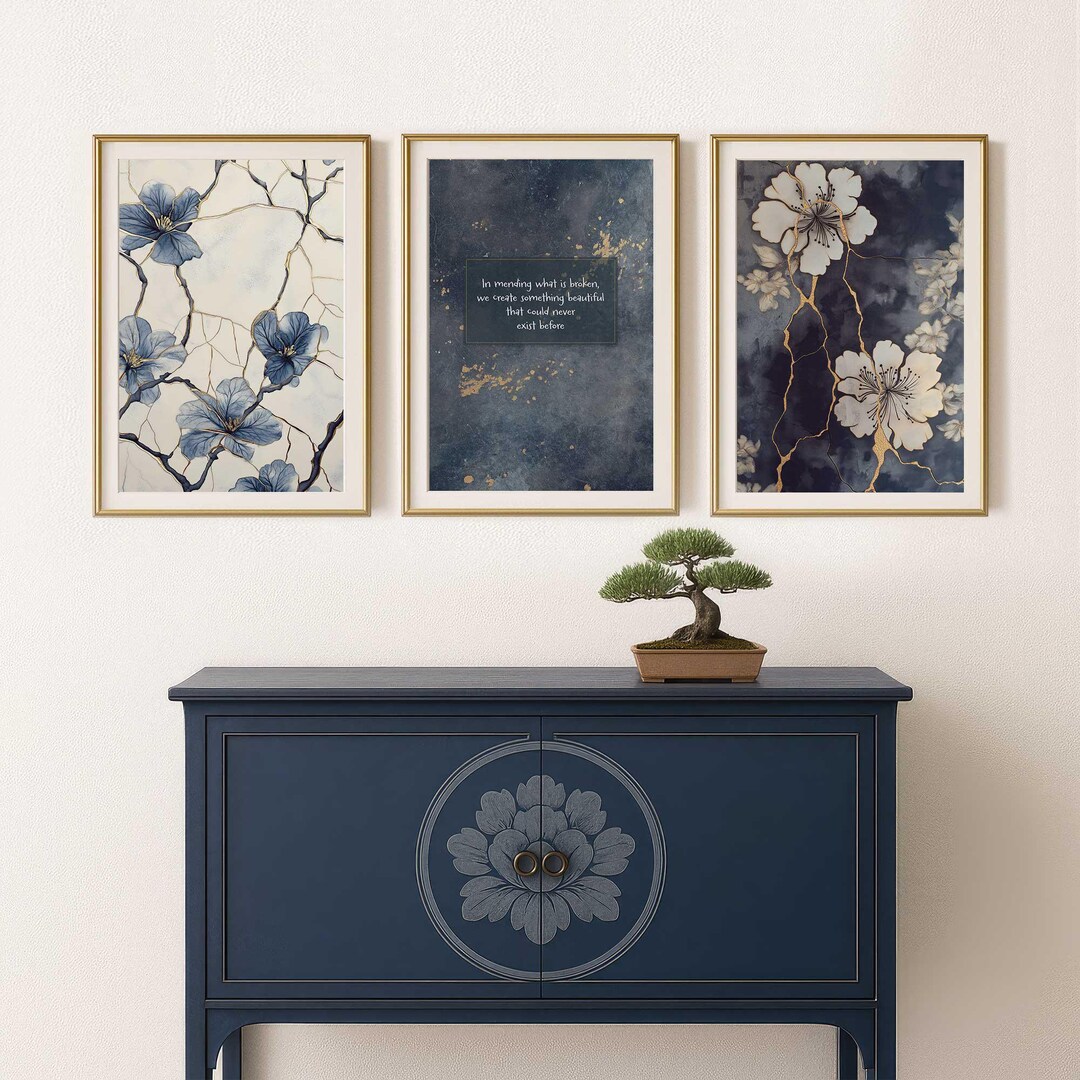 Navy Blue Japanese Flowers With Minimalist Affirmation Triptych ...